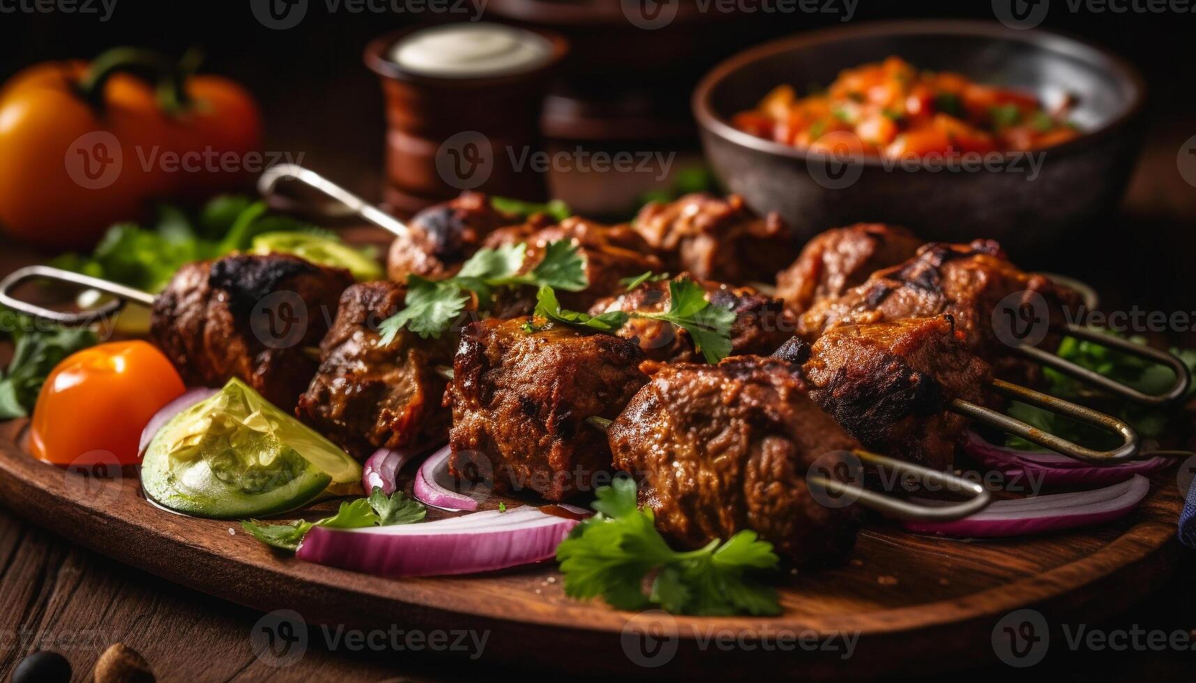 Grilled meat skewers with fresh vegetables and herbs generated by AI ...