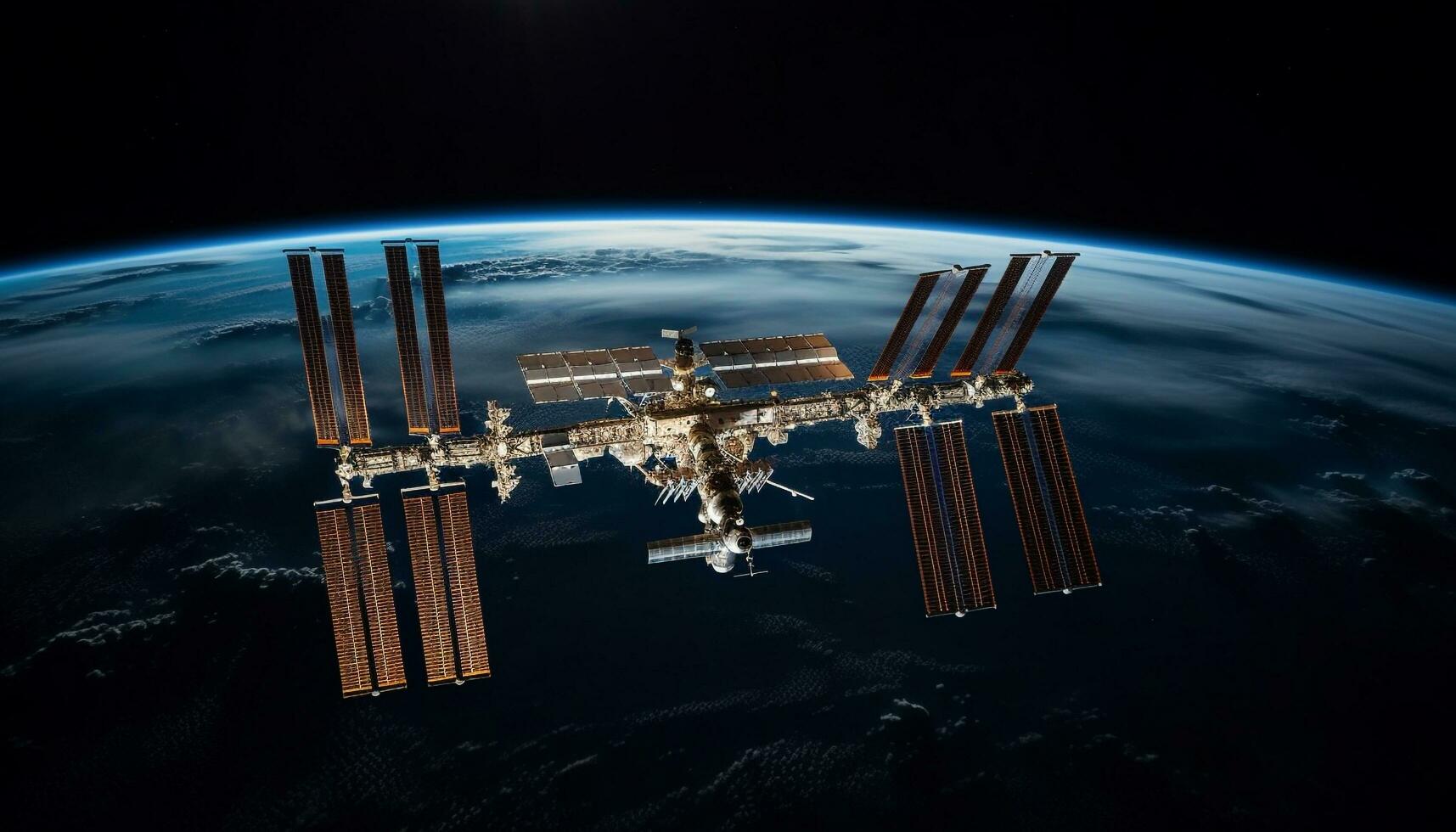 Futuristic Spaceship Orbiting Planet In Outer Space Exploring Galaxy