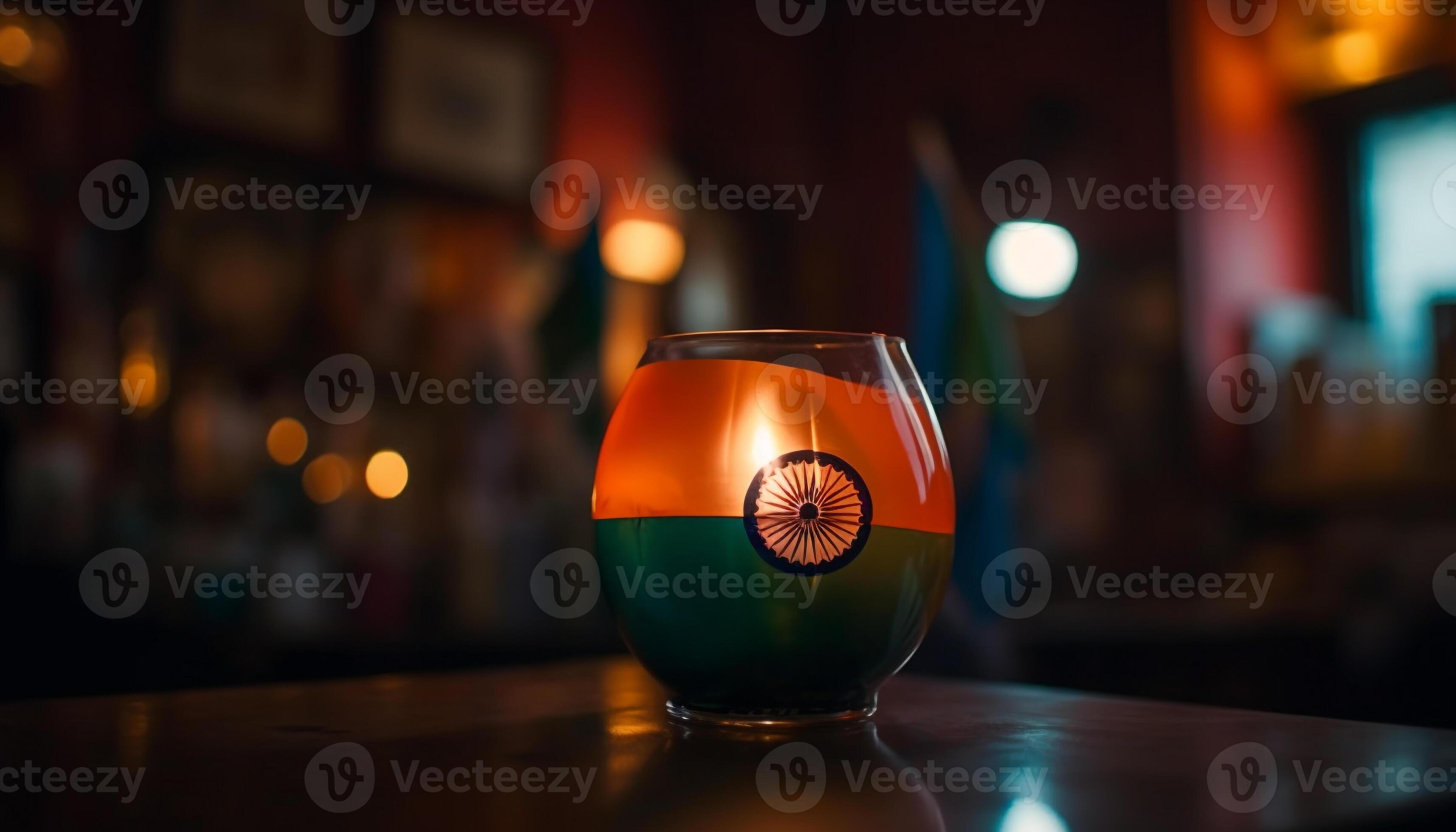 Multi Colored Cocktail Glass Reflects Illuminated Bar Background