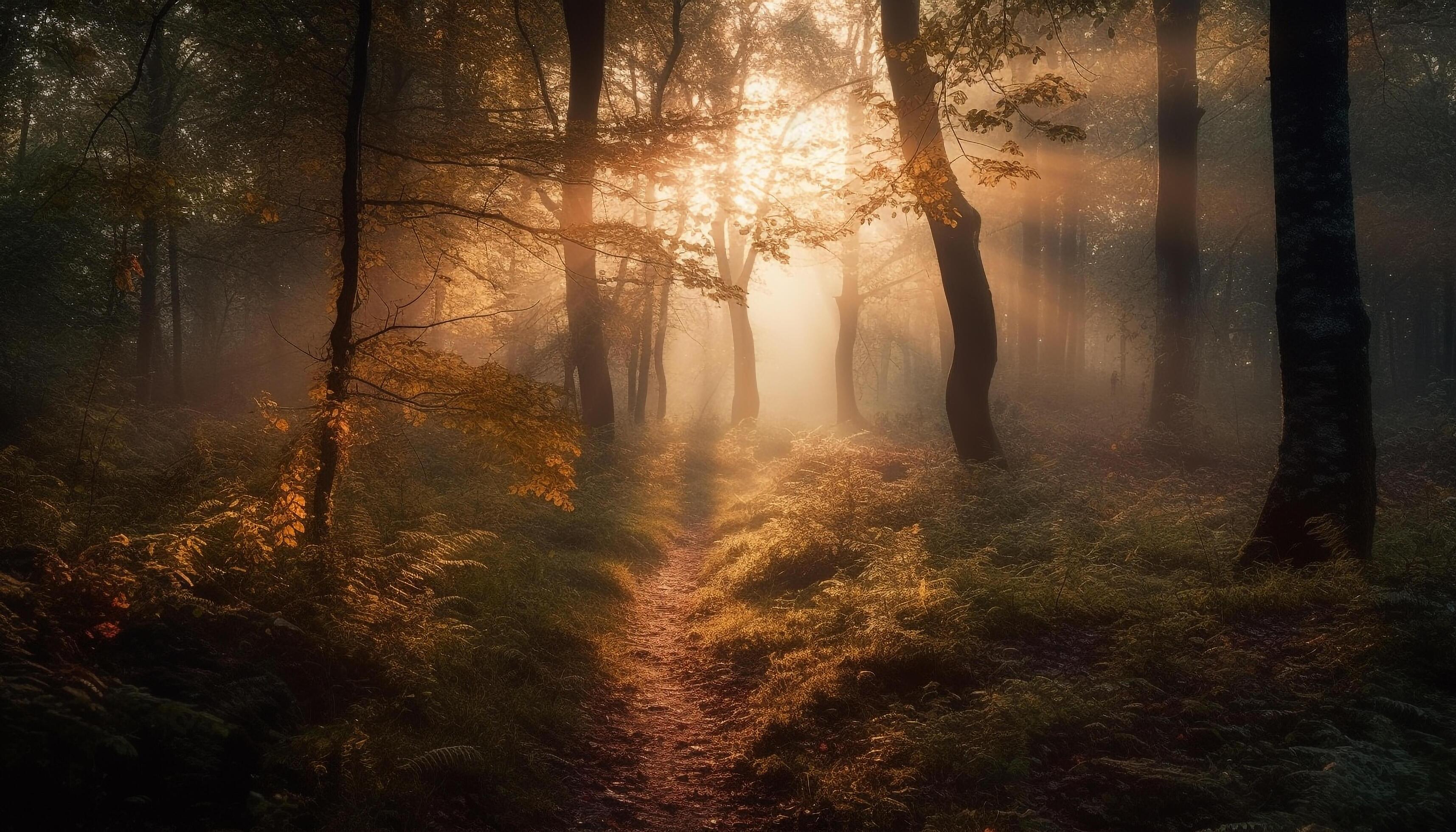 Mysterious fog shrouds tranquil forest in autumn generated by AI ... Mysterious fog shrouds tranquil forest in autumn generated by AI ...