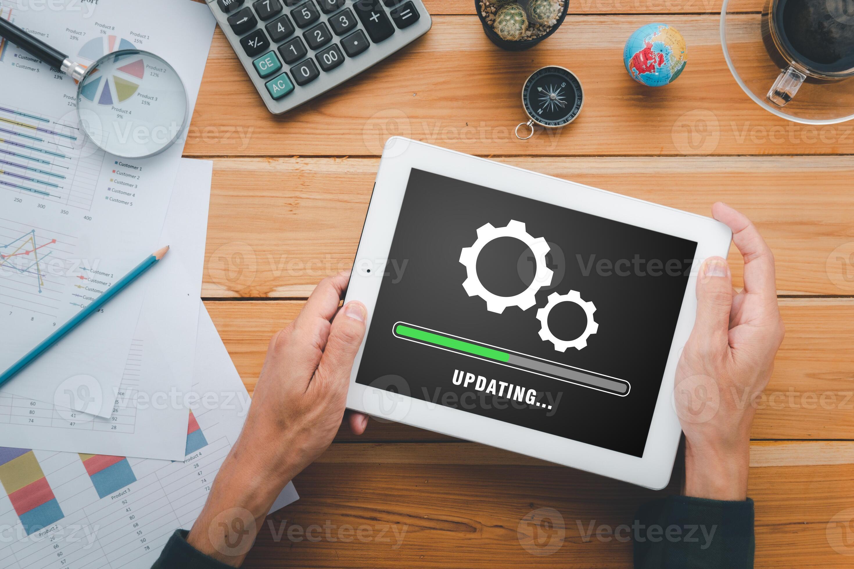 Top view, Update progress concept, Person waiting for installing update ...