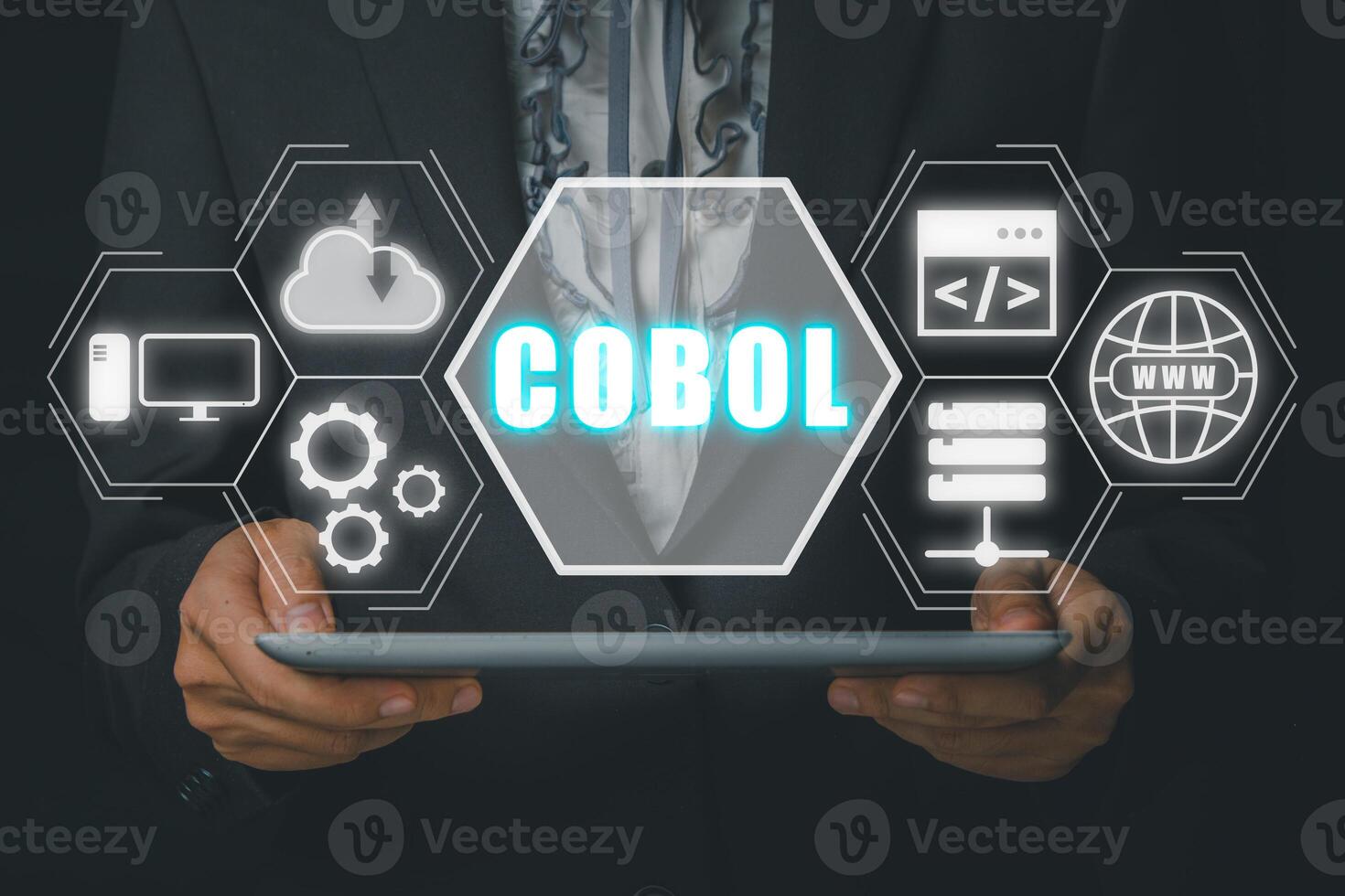 Cobol Common Business Oriented Language Person Hand Holding Tablet Computer With Cobol Icon On