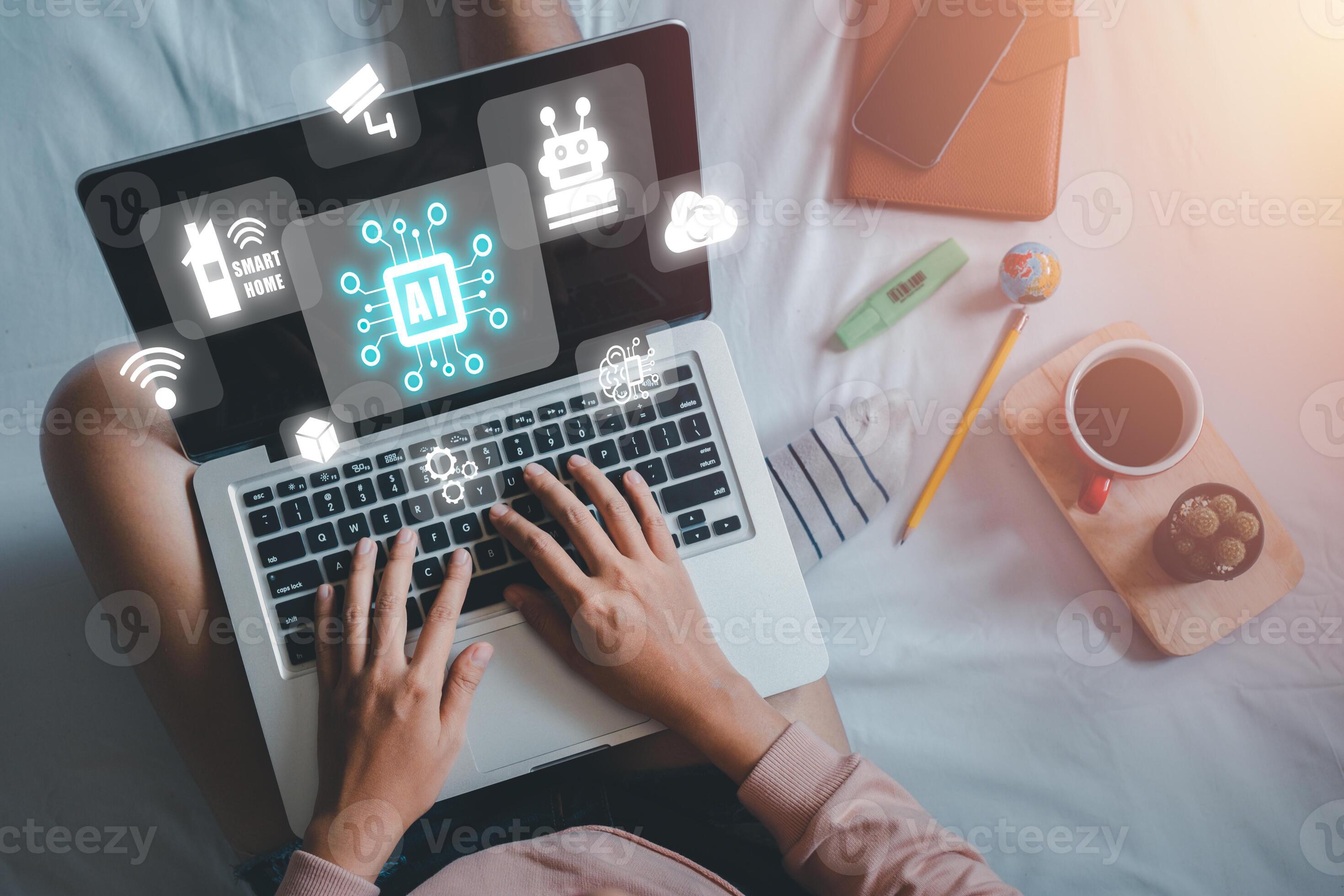 Artificial Intelligence AI, Person hand using laptop with holographic ...