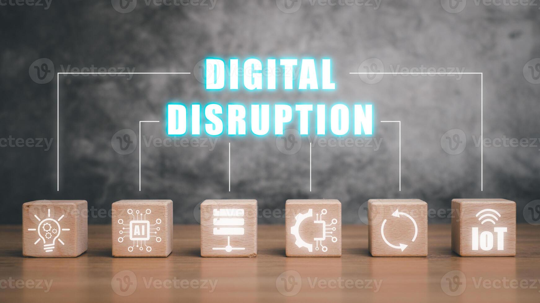 Digital Disruption concept, Wooden block on desk with Digital ... Digital Disruption concept, Wooden block on desk with Digital ...