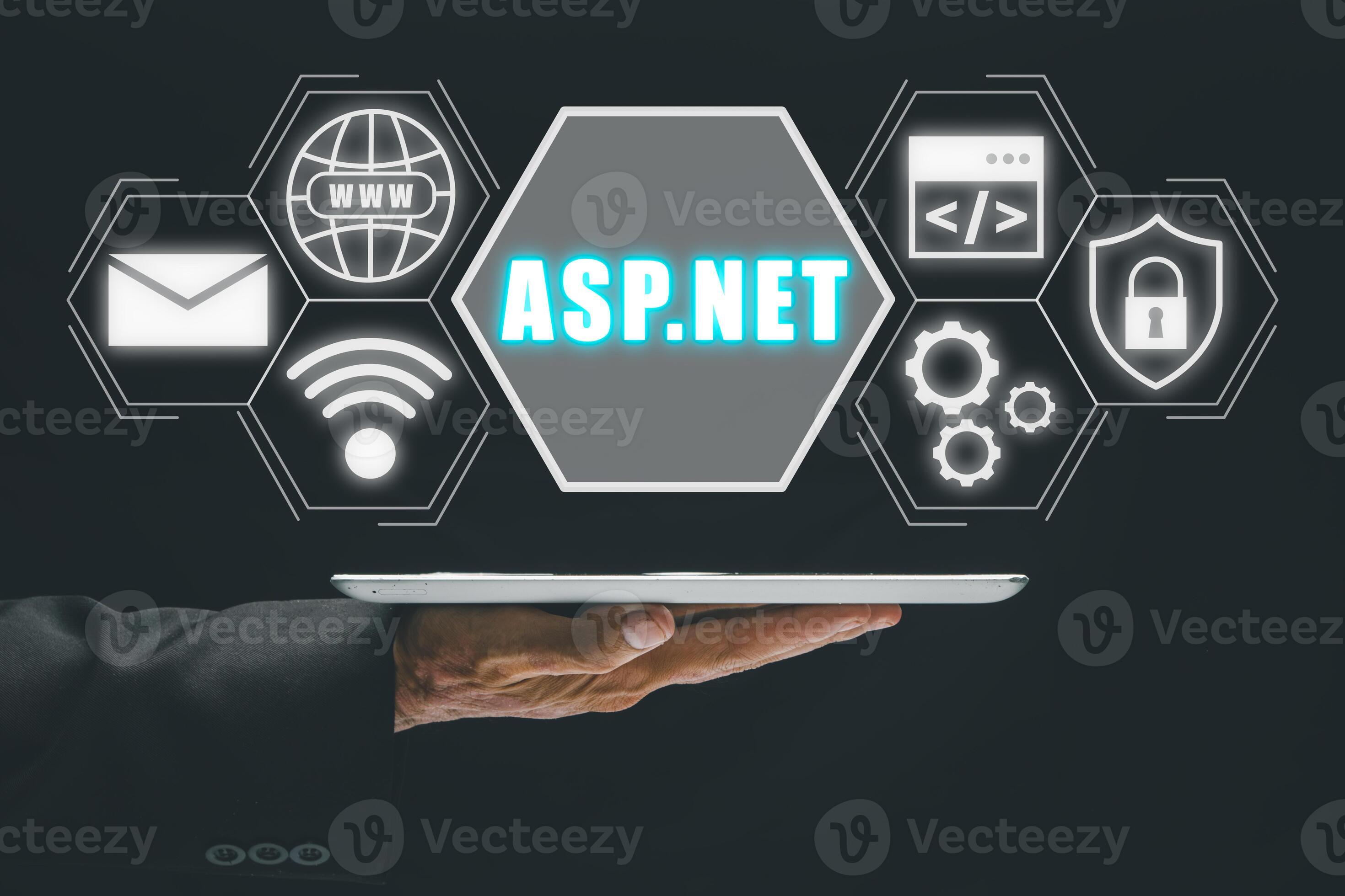 asp.net desarrollo programación idioma concepto, persona utilizando tableta con asp.net icono en ...