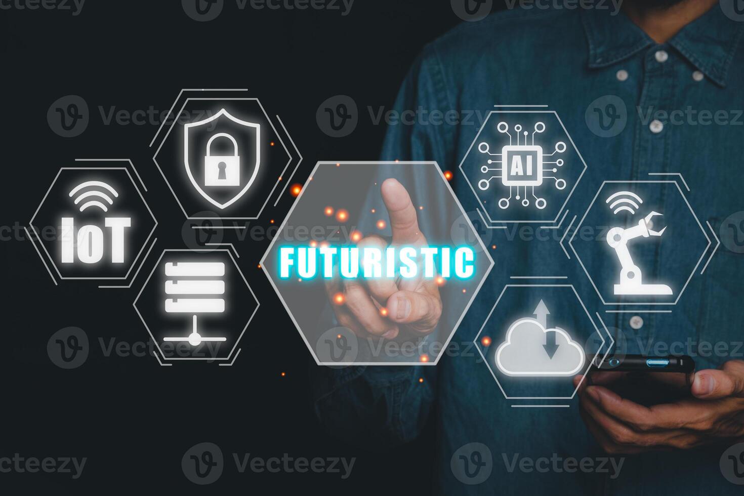 Futuristic concept, Person working on smart phonet with futuristic icon on virtual screen, IOT ...