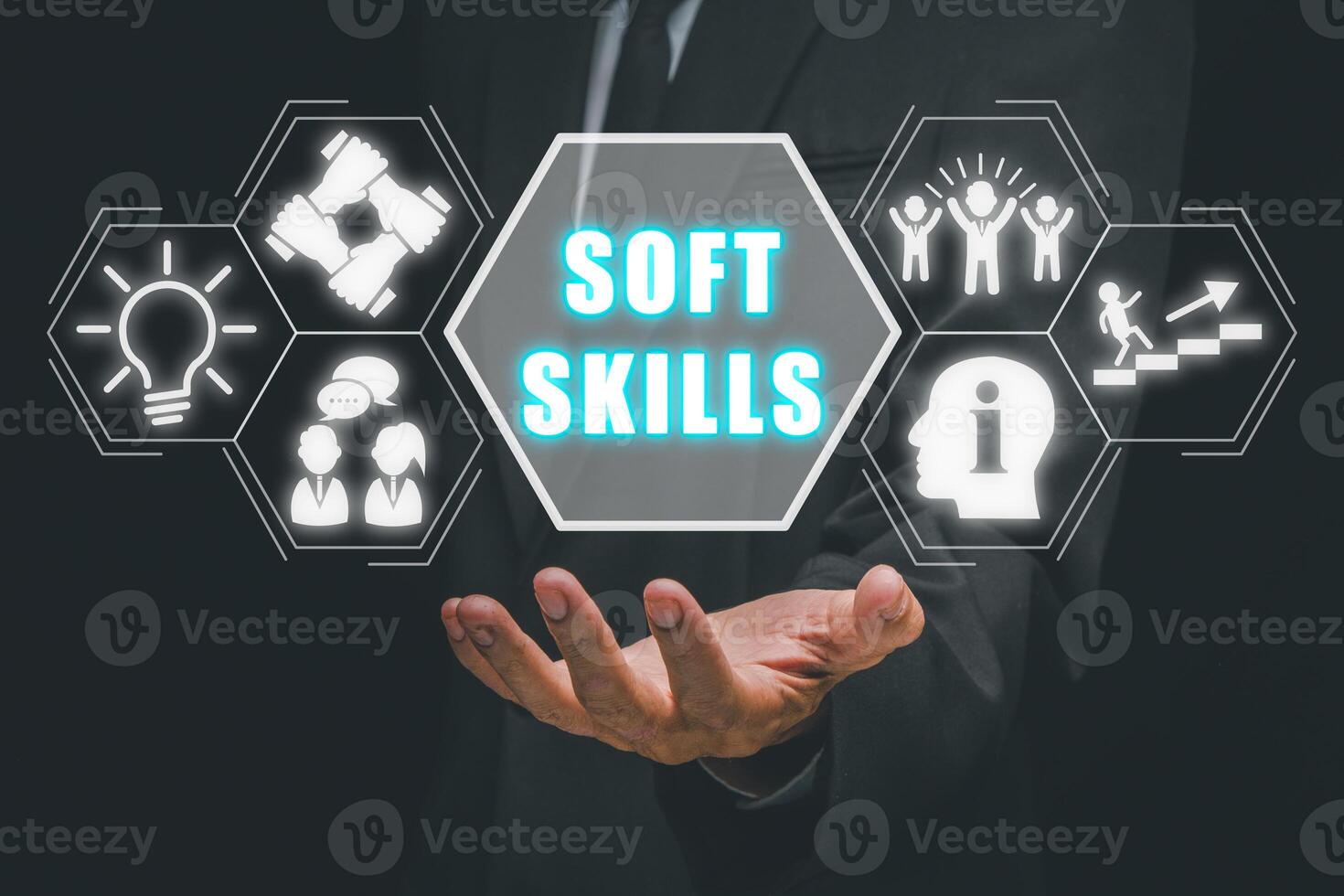 Soft skills training and improvement concept, Businessman hand holding VR screen Soft skills ...