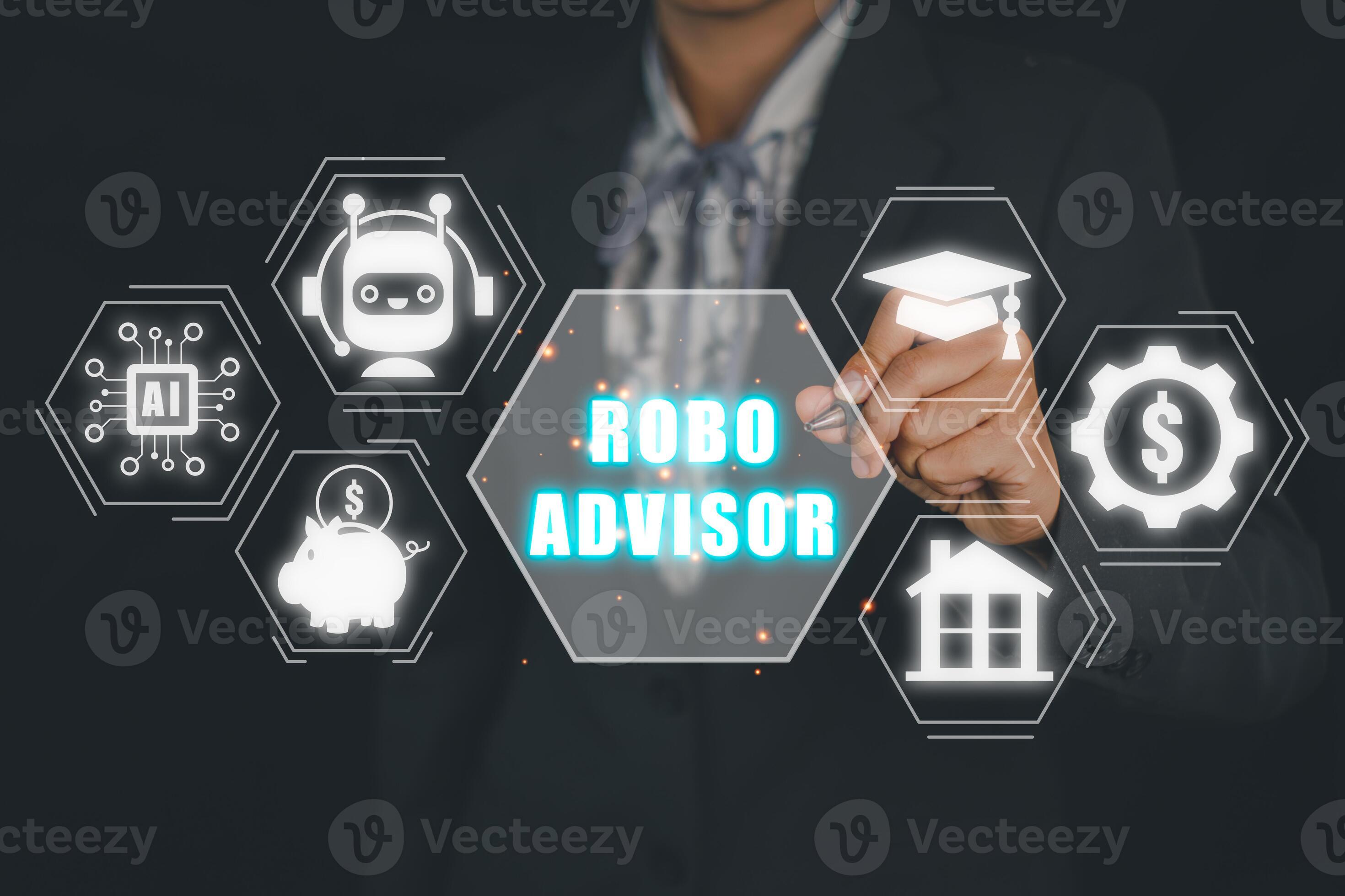 Robo advisor concept, Business person hand pointing robo advisor icon on virtual screen ...