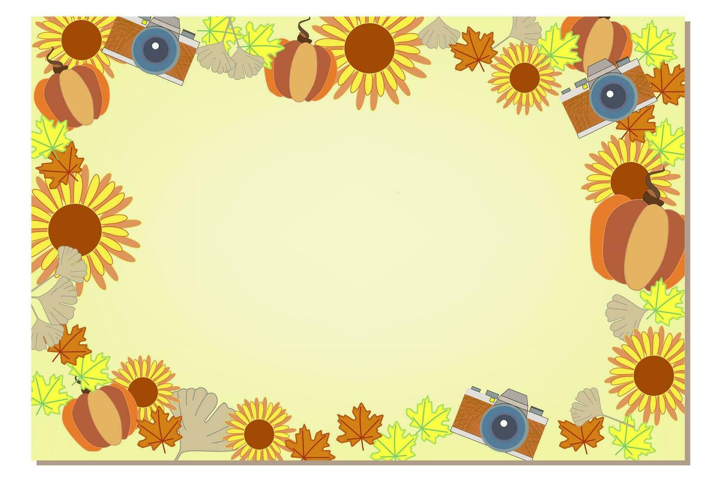 Autumn frame with pumpkin, sunflowers and camera. Frame for inserting a ...