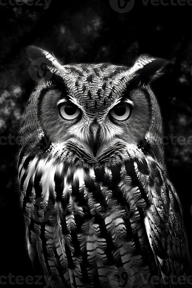 Wild owl in the forest. Black and white style, wildlife element ...