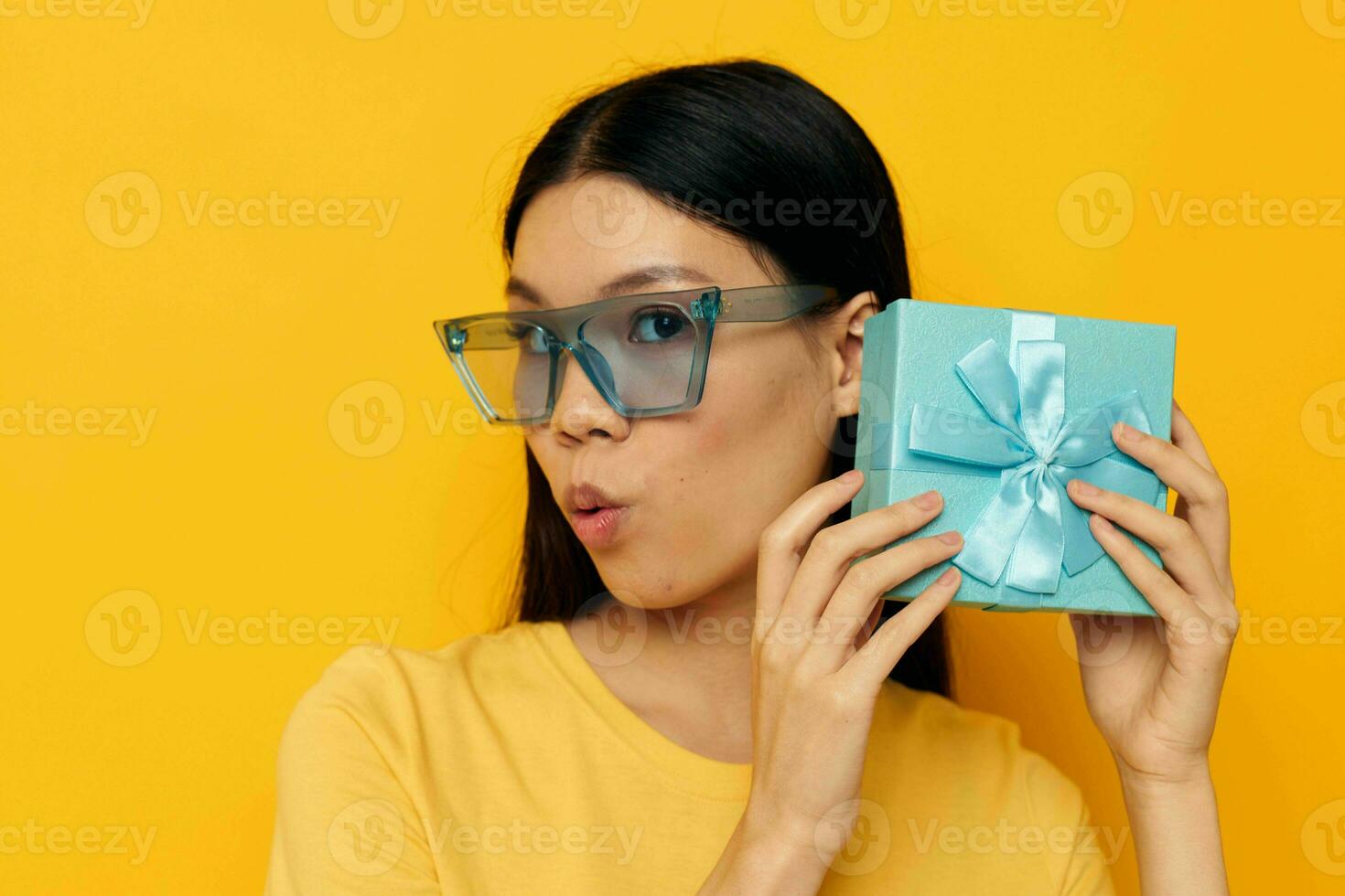 Woman With Asian Appearance Yellow T Shirts Birthday T Box Isolated