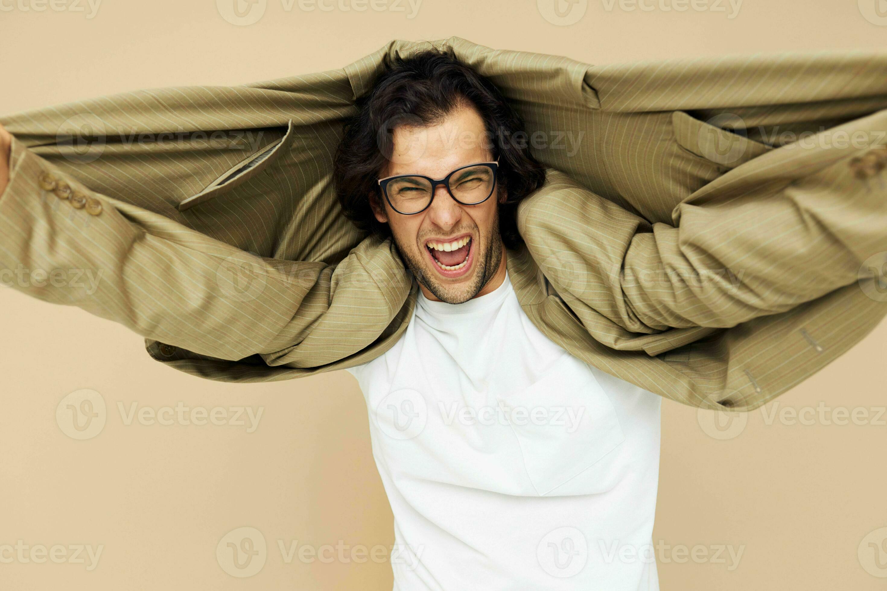 Attractive Man Spectacled Beige Suit Elegant Style Beige Background