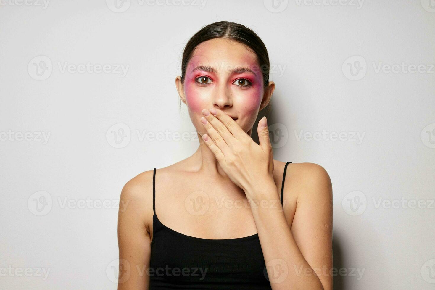 Sexy Brunette Woman Smile Bright Pink Makeup Emotions Cosmetics Cropped