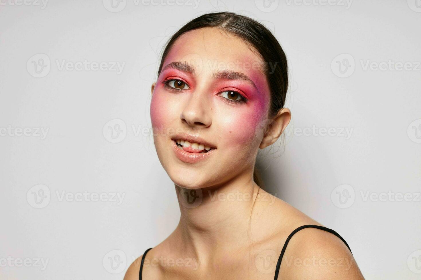 Fashionable Woman Smile Bright Pink Makeup Emotions Cosmetics Light