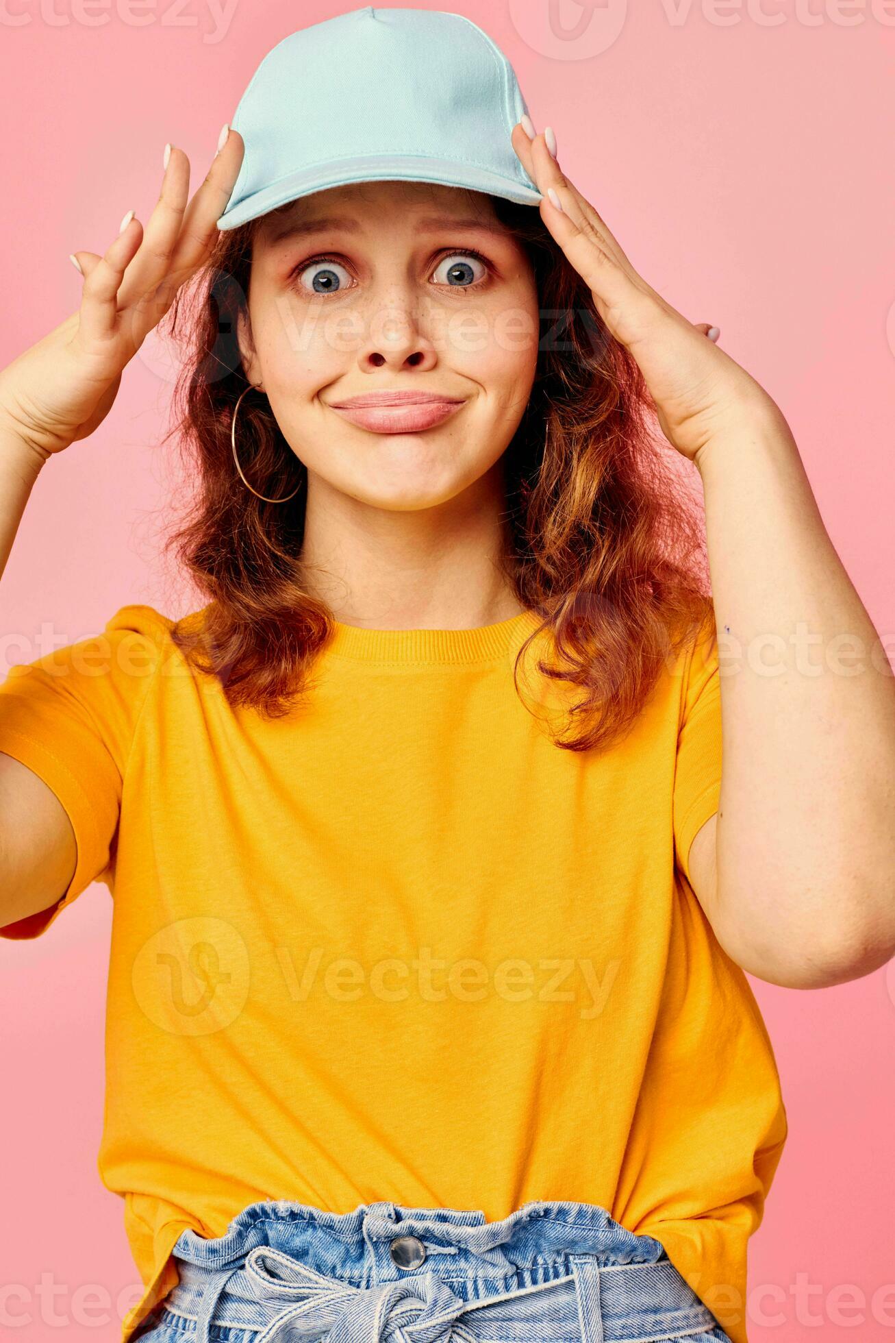 portrait of a young woman grimace posing summer style fashion isolated ...