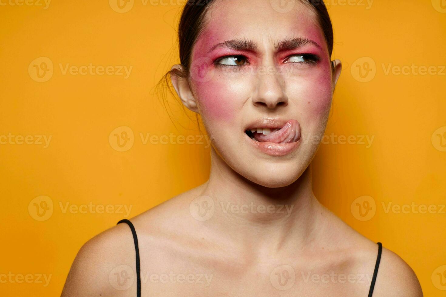 Sexy Brunette Woman Bright Makeup Posing Fashion Emotions Yellow Background Unaltered 25019472