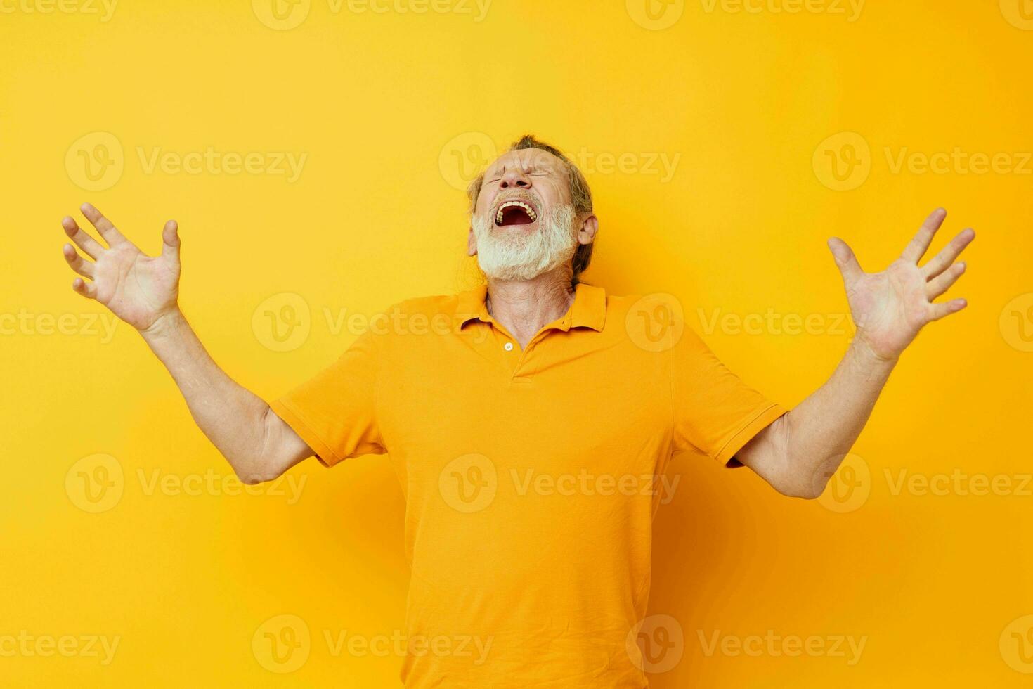 Senior grey-haired man hand gesture gray beard fun monochrome shot ...