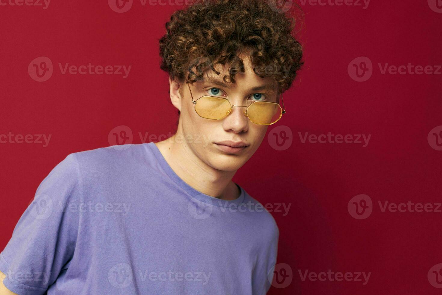 Guy With Red Curly Hair In Yellow Glasses Purple T Shirt Emotions Youth Style 25020517 Stock