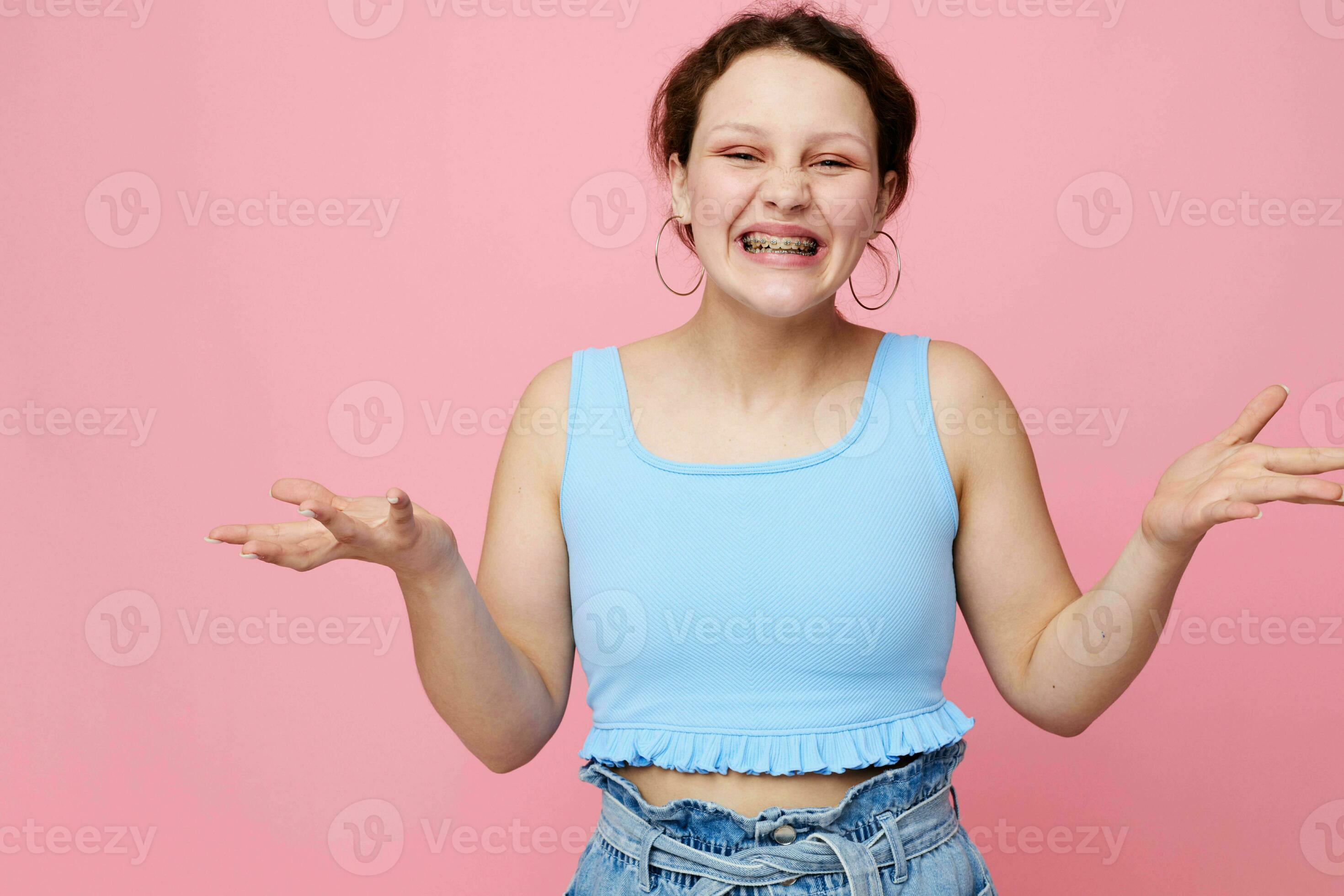 cheerful woman grimace close-up emotions earrings posing isolated ...