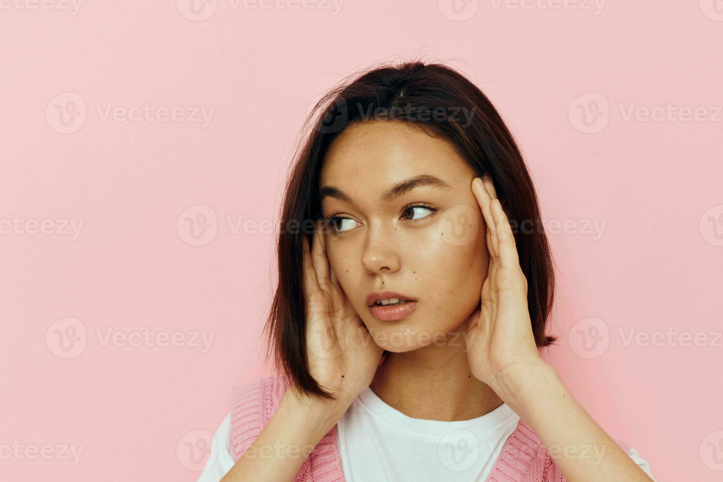 Beautiful Girl Emotions Close Up Posing Isolated Background 25027673