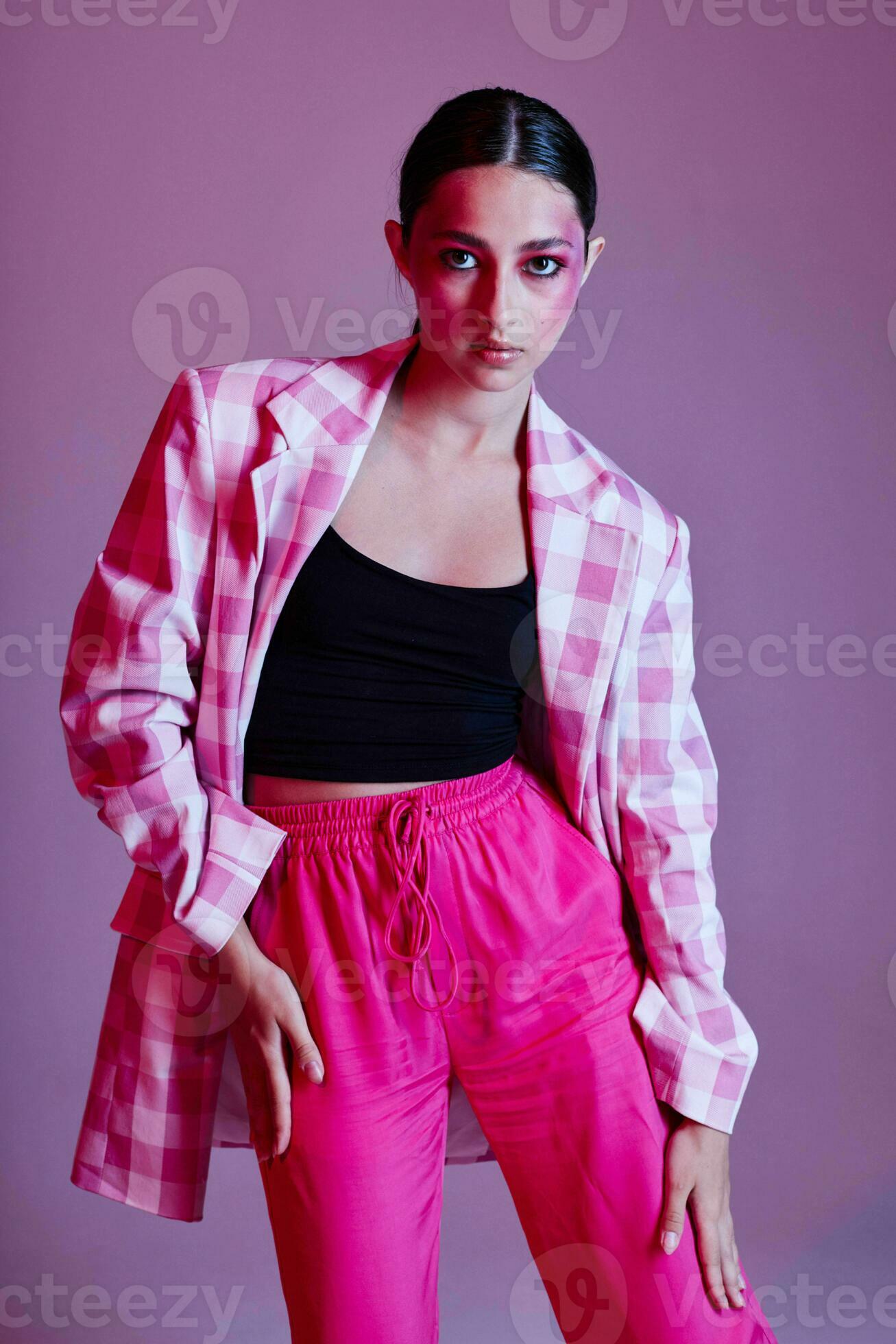 Pretty Woman Pink Pants Fashion Clothing Posing Isolated Background