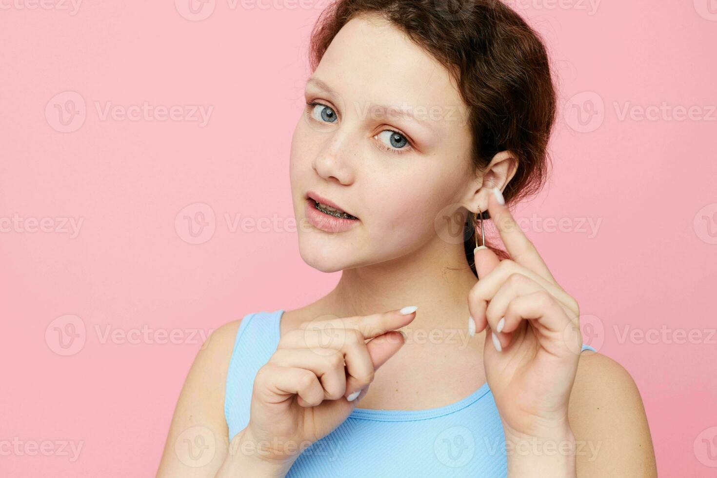 beautiful woman grimace close-up emotions earrings posing isolated ...