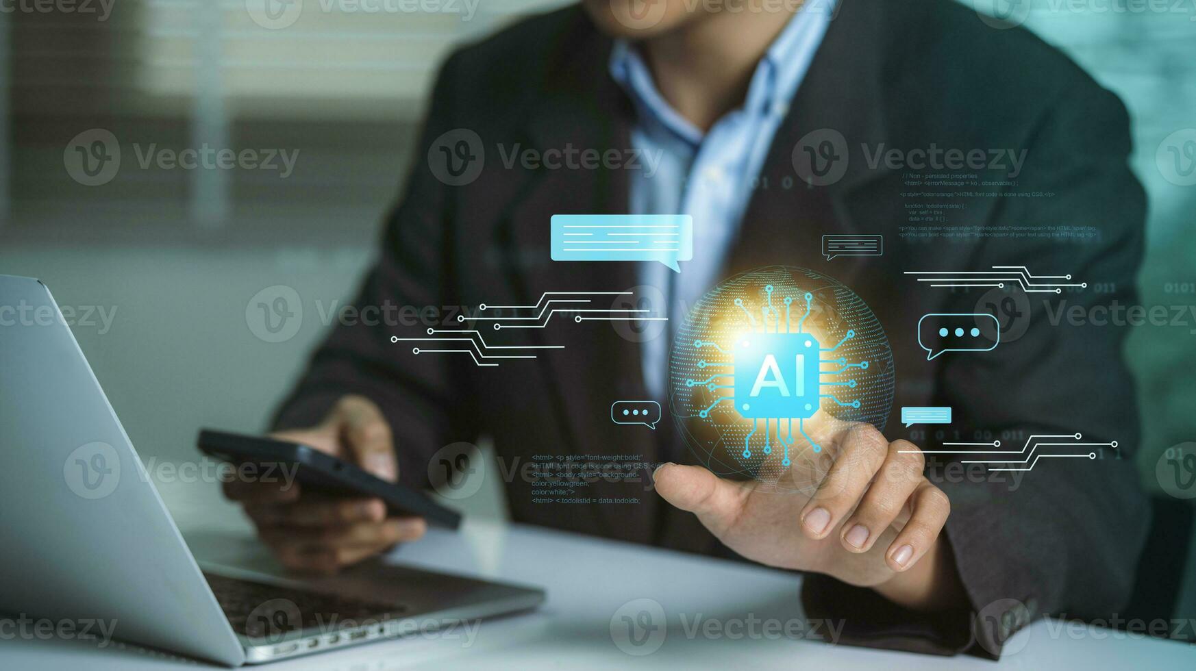 Futuristic Business Transformation AI Technology Enabling Seamless Work. Analyzing information ...
