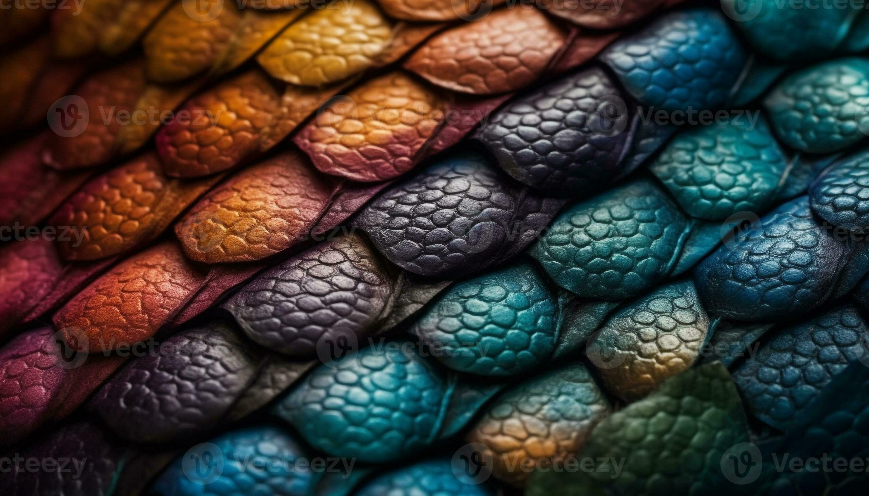 Vibrant animal skin pattern, close up of multi colored snake scales ...