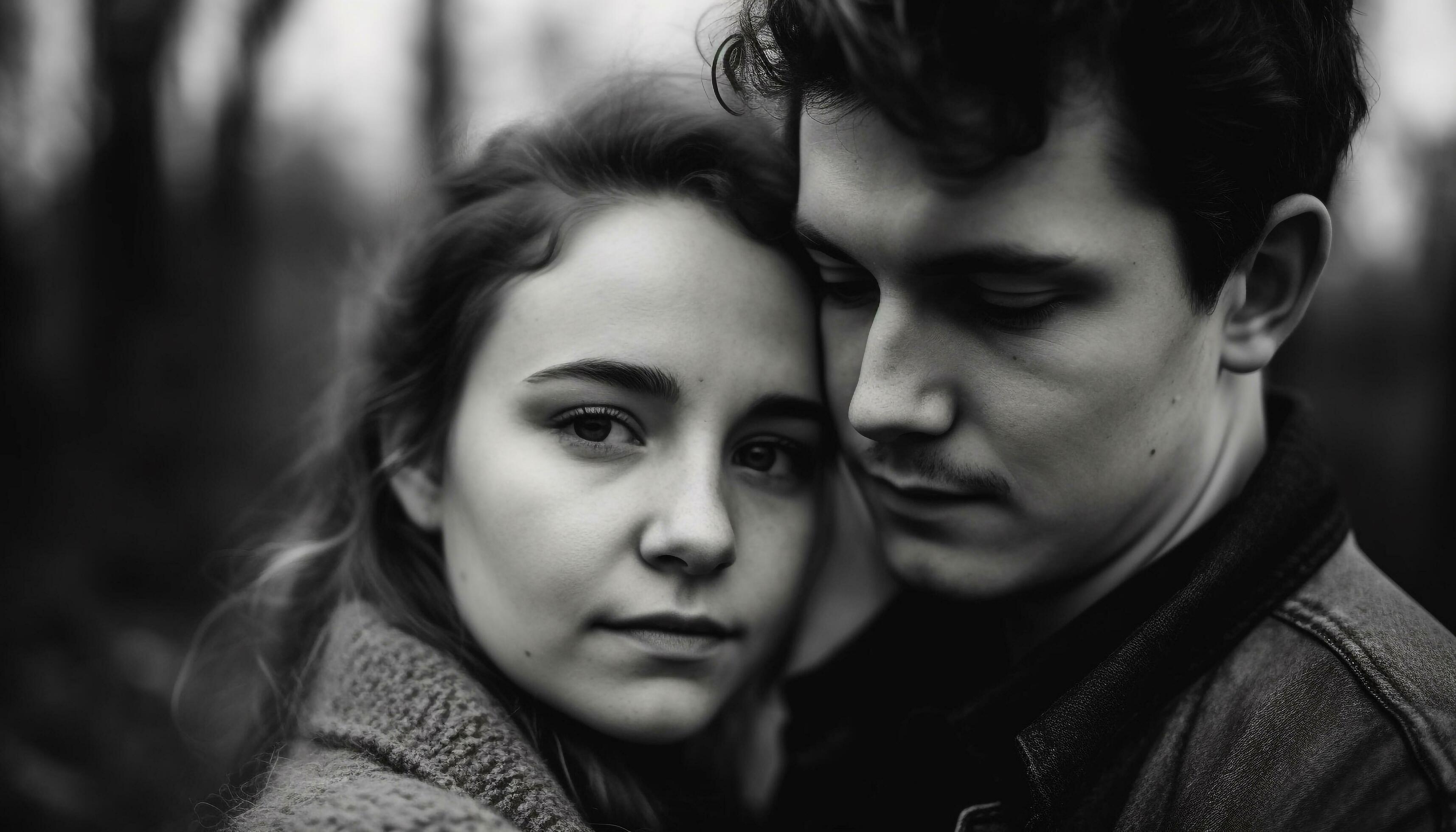 Young Couple Embracing Outdoors Smiling And Flirting In Black And