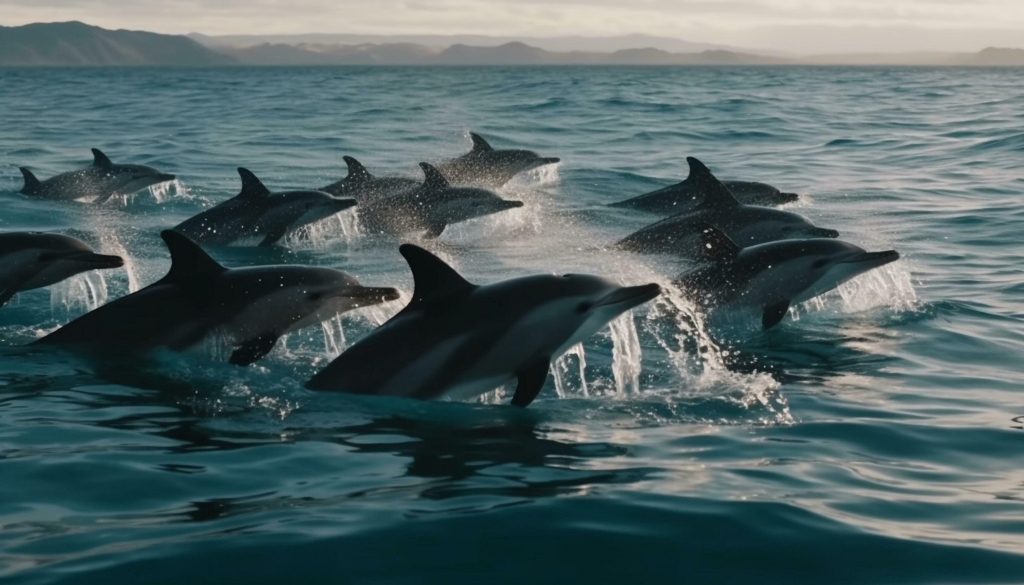 A playful school of dolphins jumping and splashing in motion 25049145 Stock Photo at Vecteezy