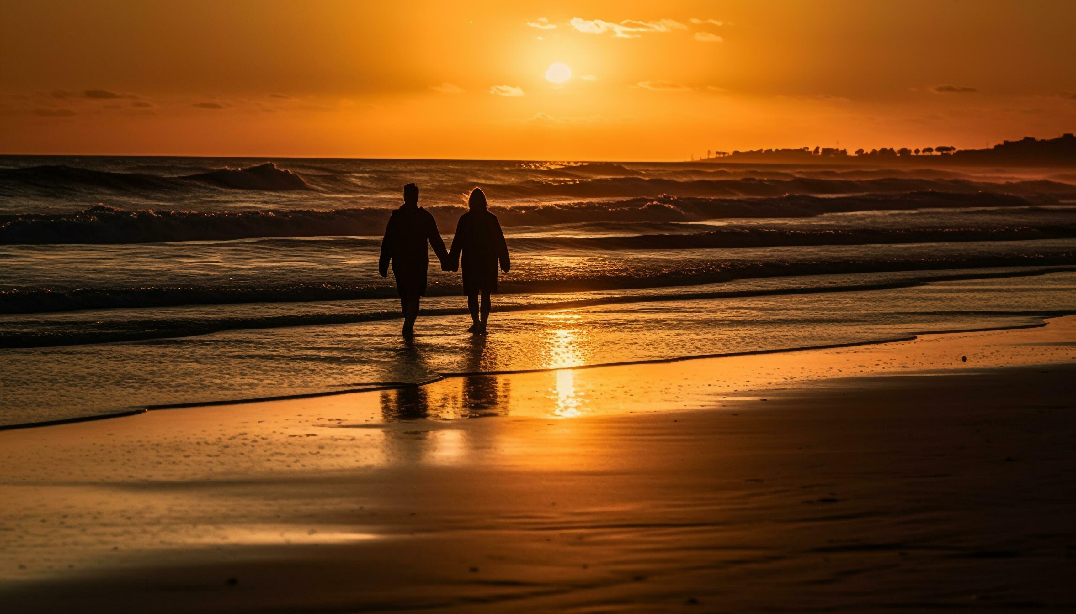 Romantic Couple Walking On Beach Holding Hands At Sunset Generated By