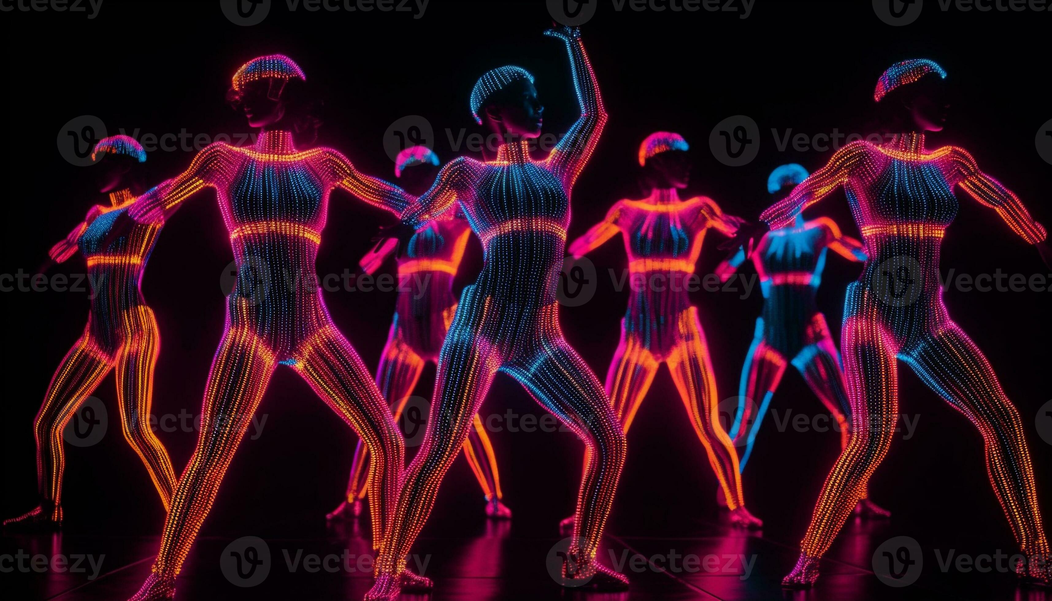 Neon dancers in futuristic nightclub perform glowing abstract motion shapes generated by AI ...