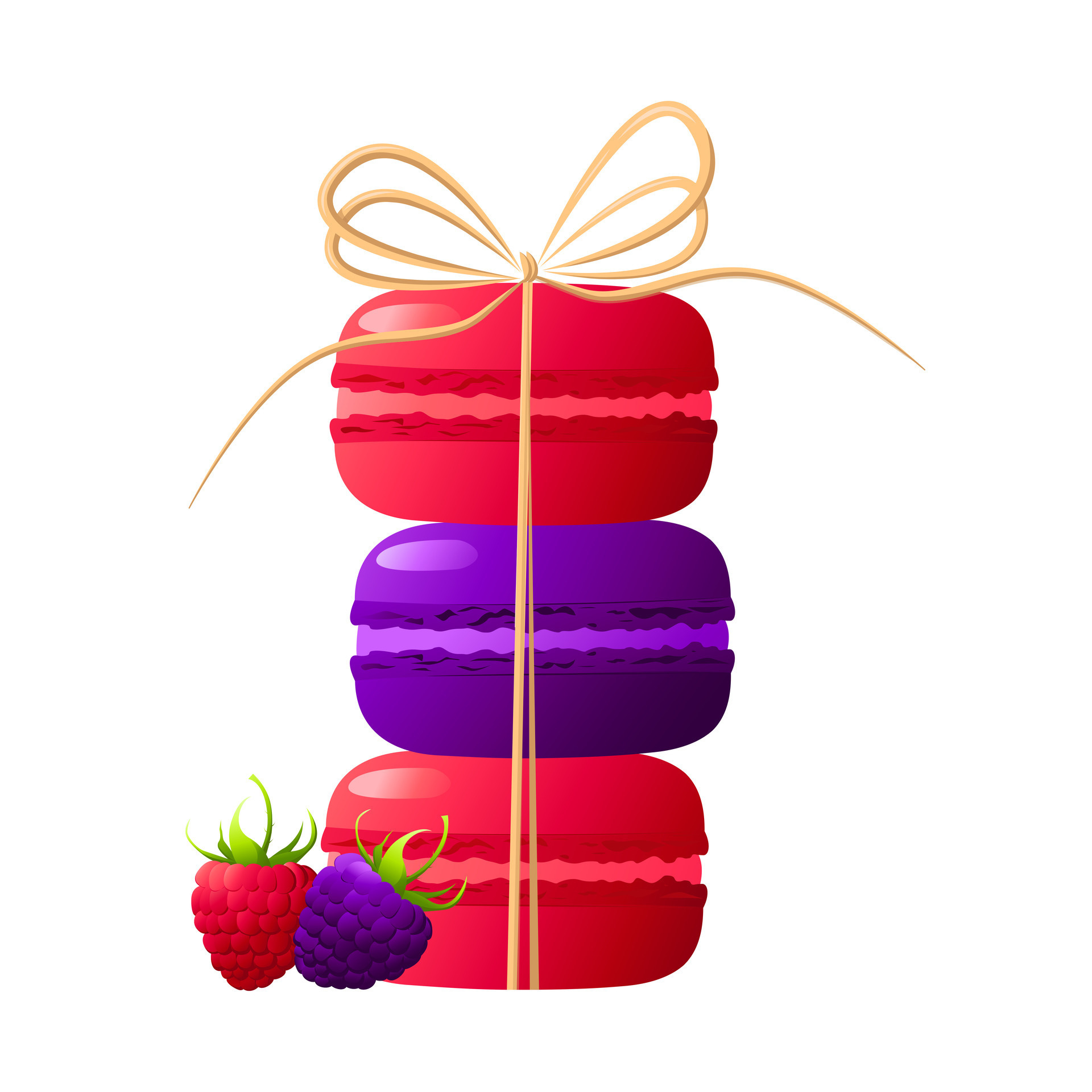 Horizontal stack red and purple macarons tied with a bow.Color macaroon with raspberry and ...