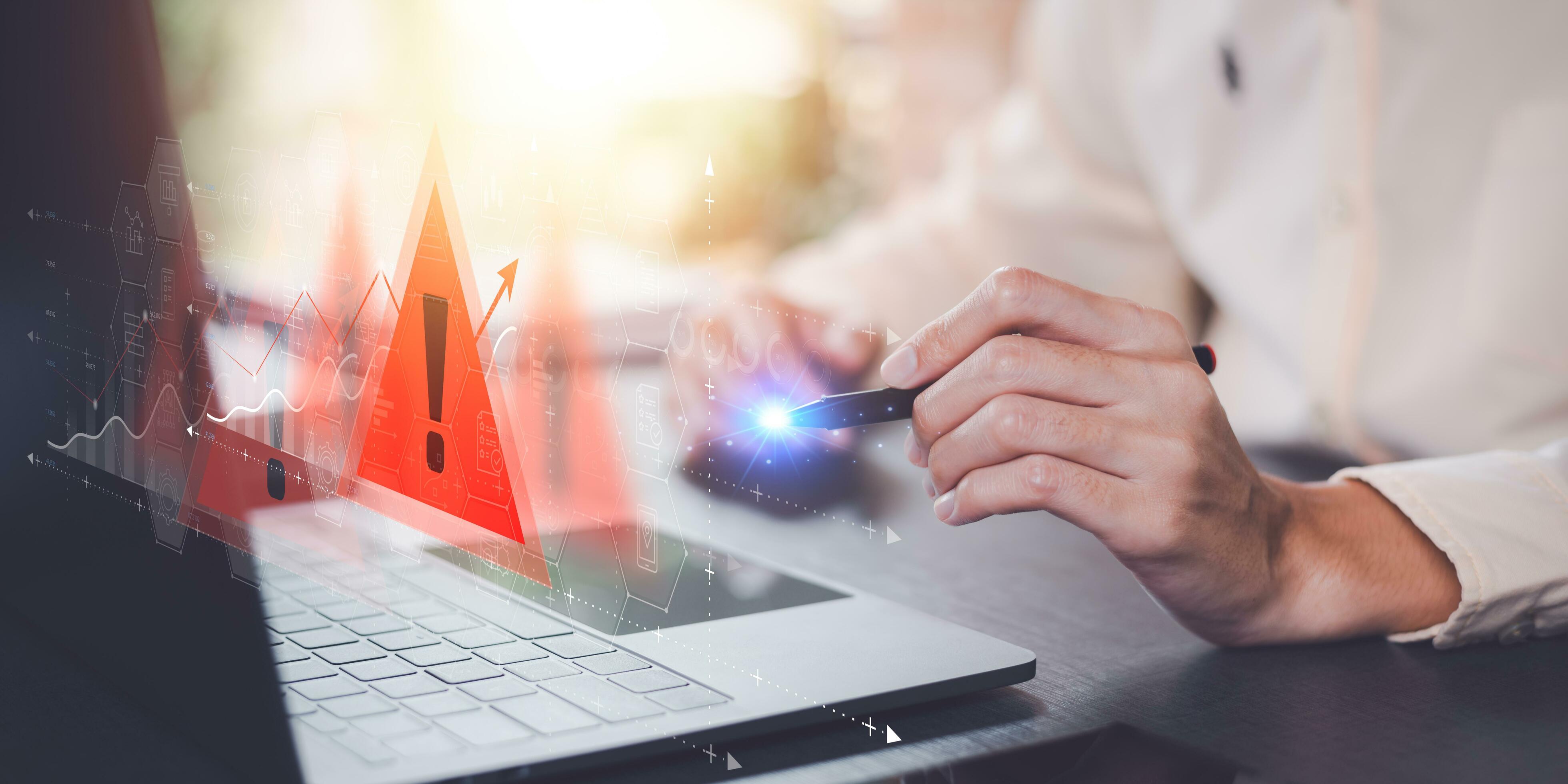 Programmer and virtual icons , exclamation mark ,alarm,computer virus ...