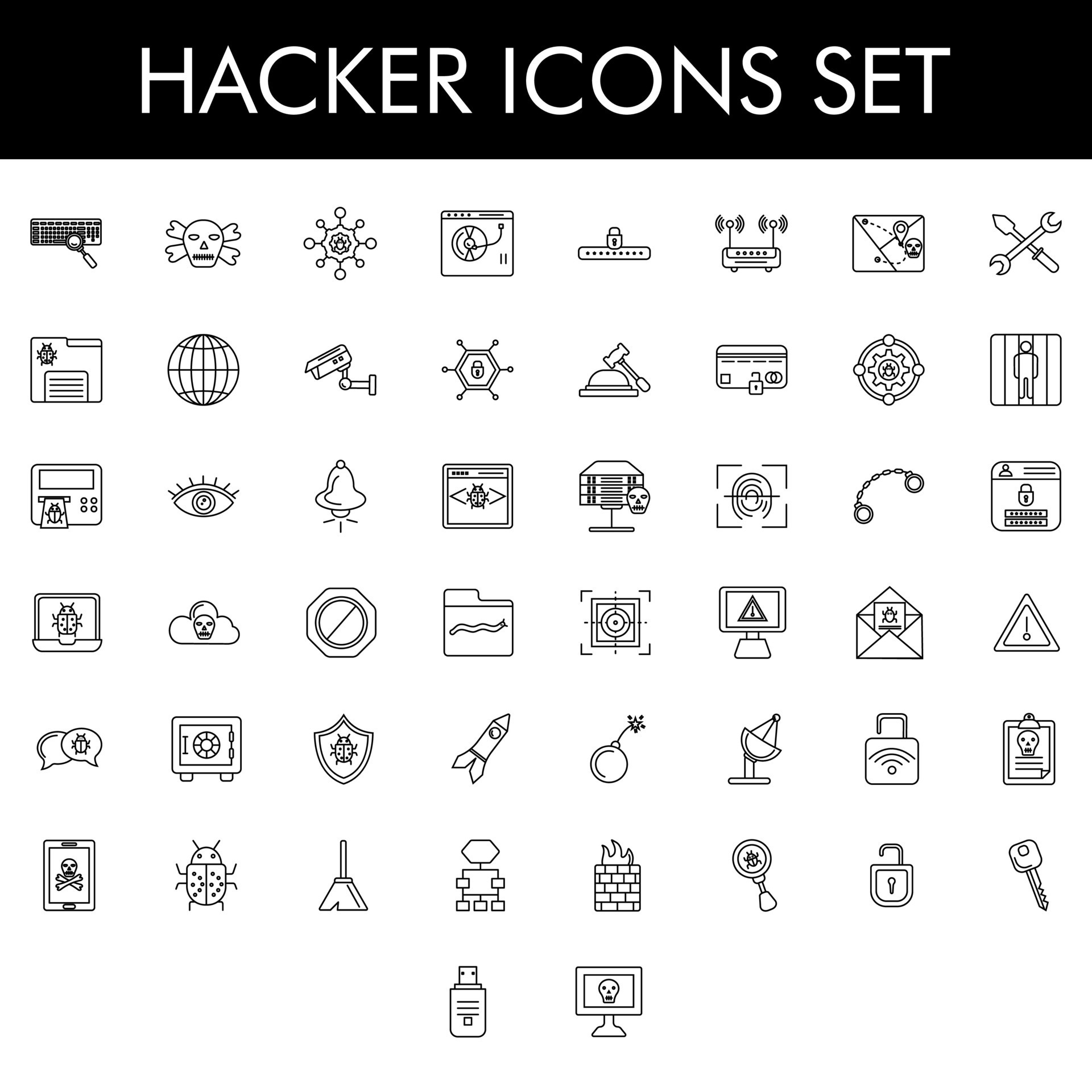 Line art Hacker icon set on white background. 25076218 Vector Art at ...