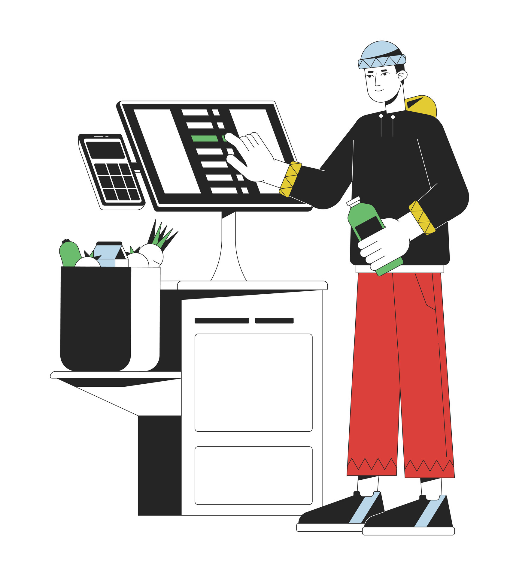 Man Near Self Service Terminal Flat Line Concept Vector Spot