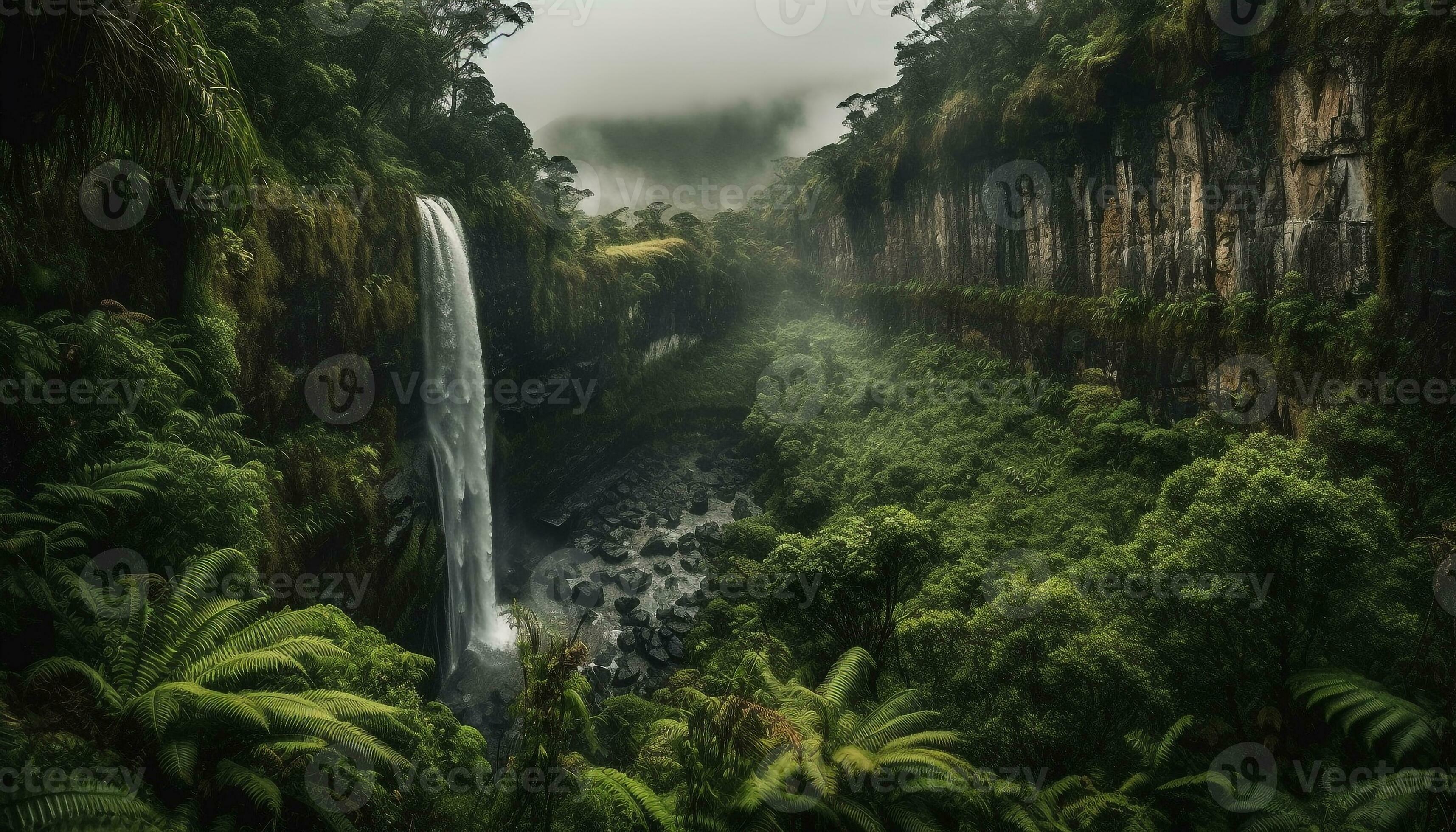 Tropical rainforest, majestic mountain, tranquil waterfall, flowing ...