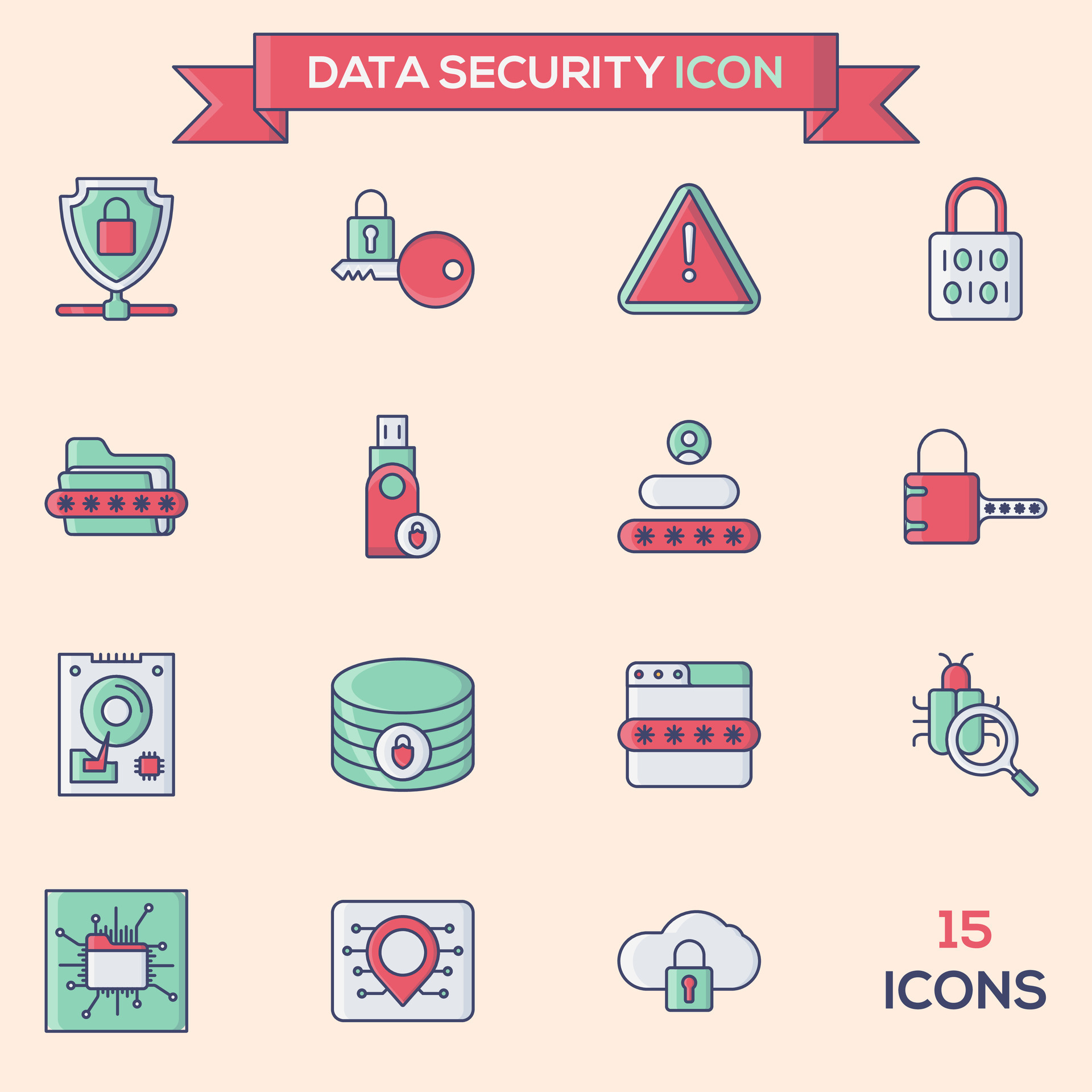 Green And Red 15 Data Security Icons On Peach Background 25097433 Vector Art At Vecteezy
