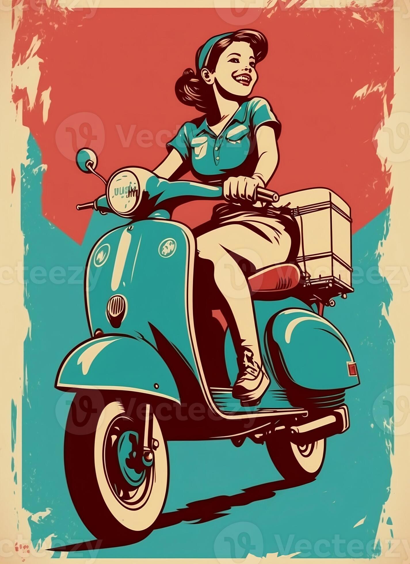 Clásico retro póster, mujer en un ciclomotor. publicidad póster años 50, años 60, café venta ...