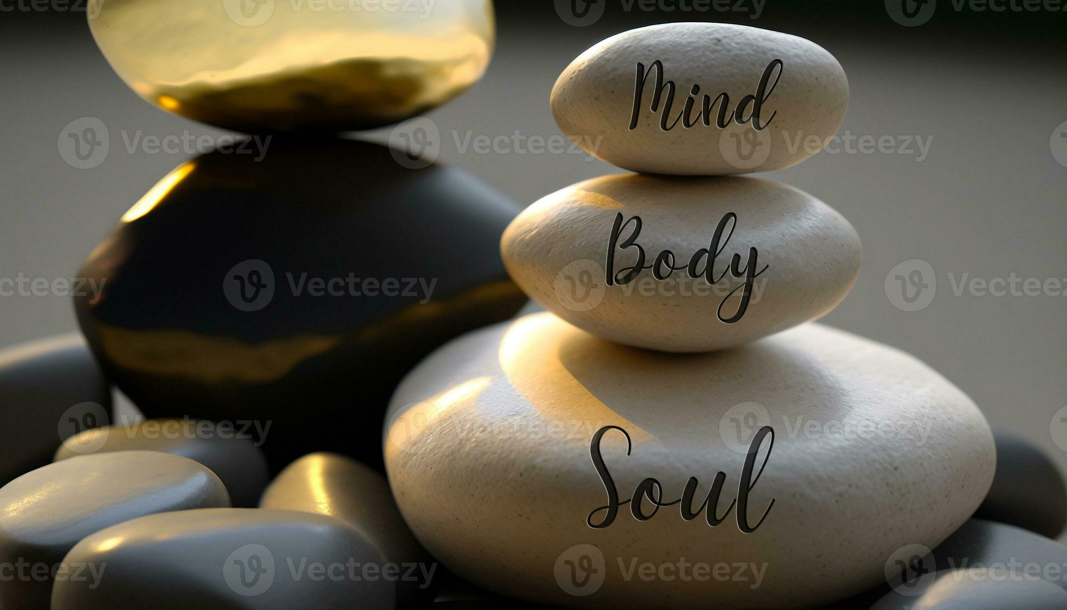 Mind, Body and Soul words engraved on zen stones with space for text. Zen and energy concept ...