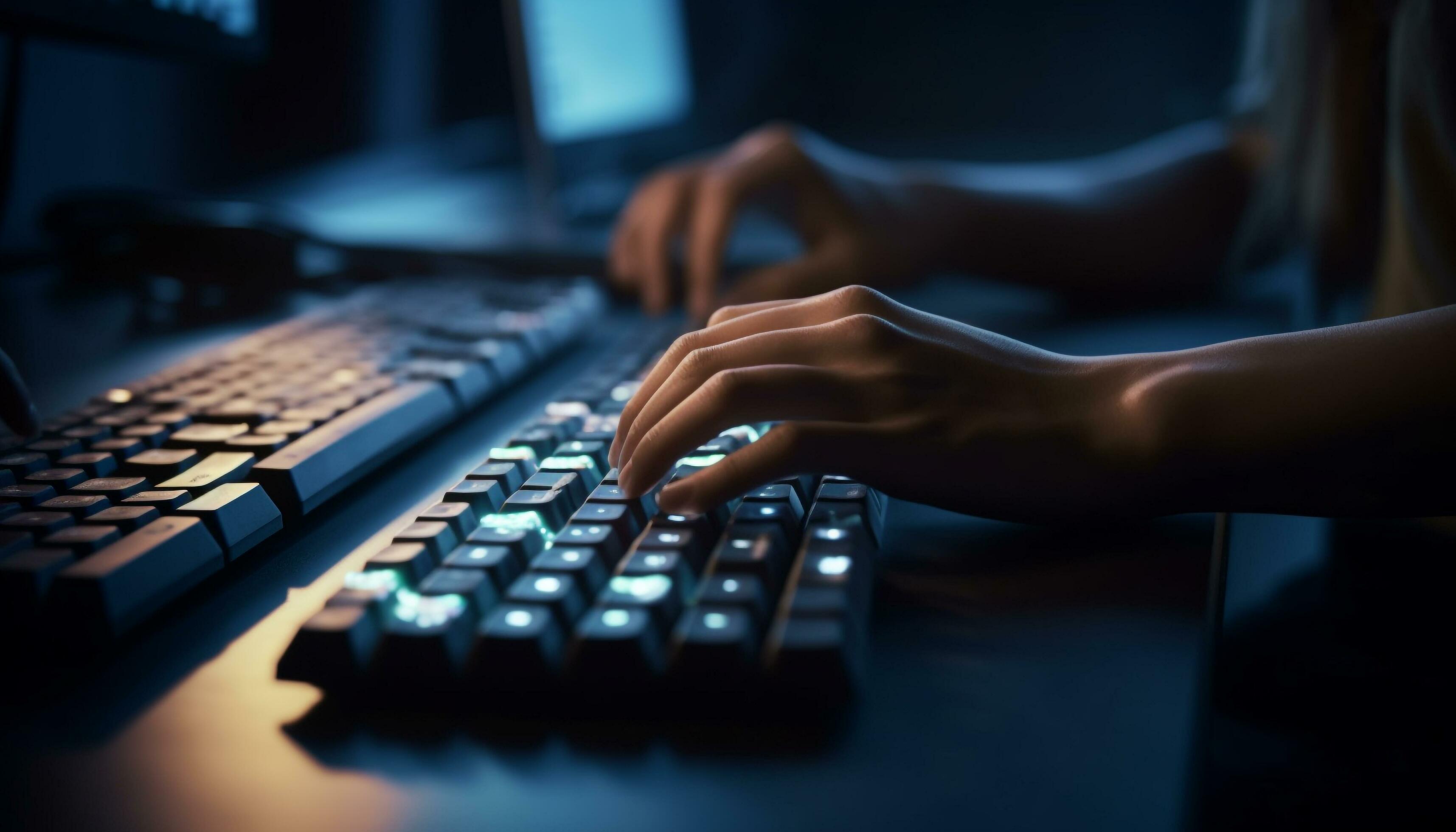 Busy Programmer Typing On Computer Keyboard In Dark Office At Night