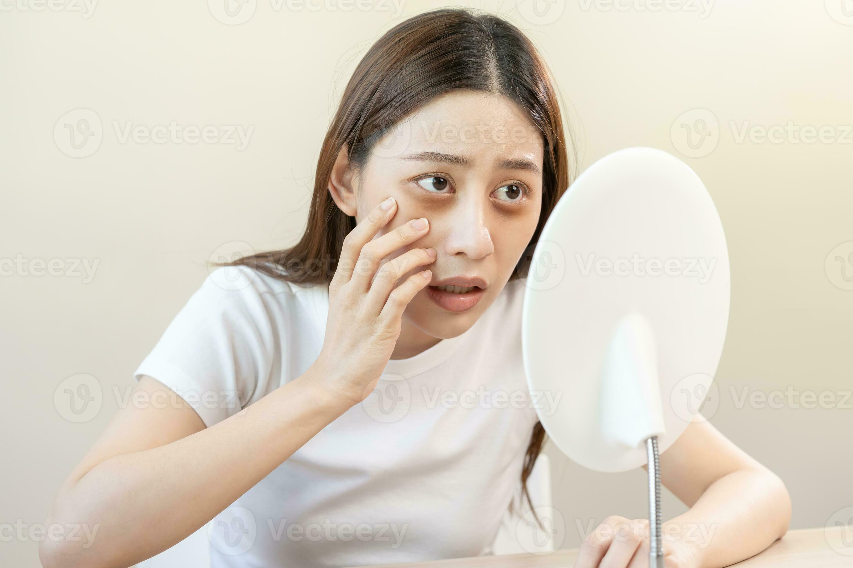 Bored, insomnia asian young woman, girl looking at mirror hand touching ...