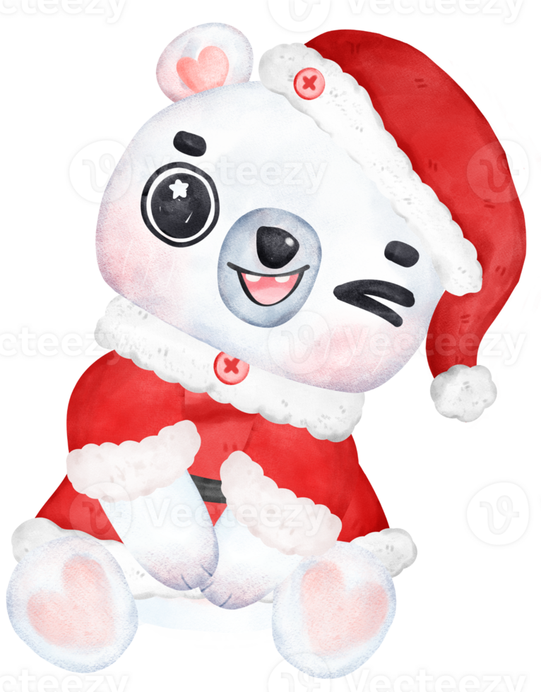 Cute Christmas Polar Bear In Santa Dress Cartoon Watercolor