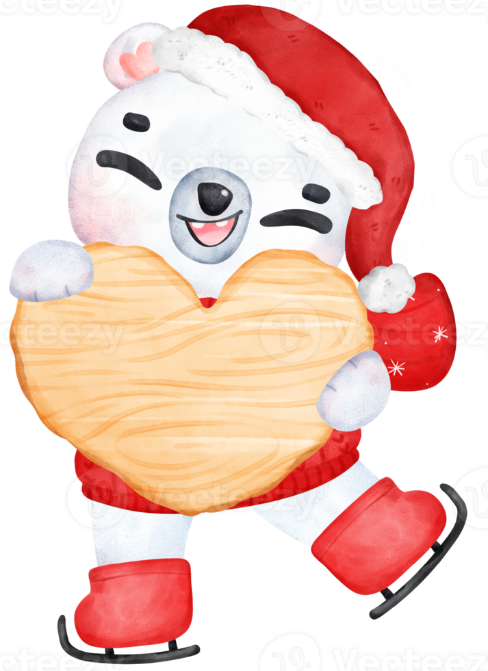 Cute Christmas Polar Bear In Santa Dress Holding Wooden Board Sign