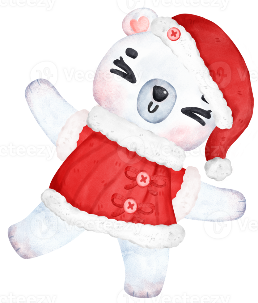 Cute Christmas Polar Bear In Santa Dress Cartoon Watercolor