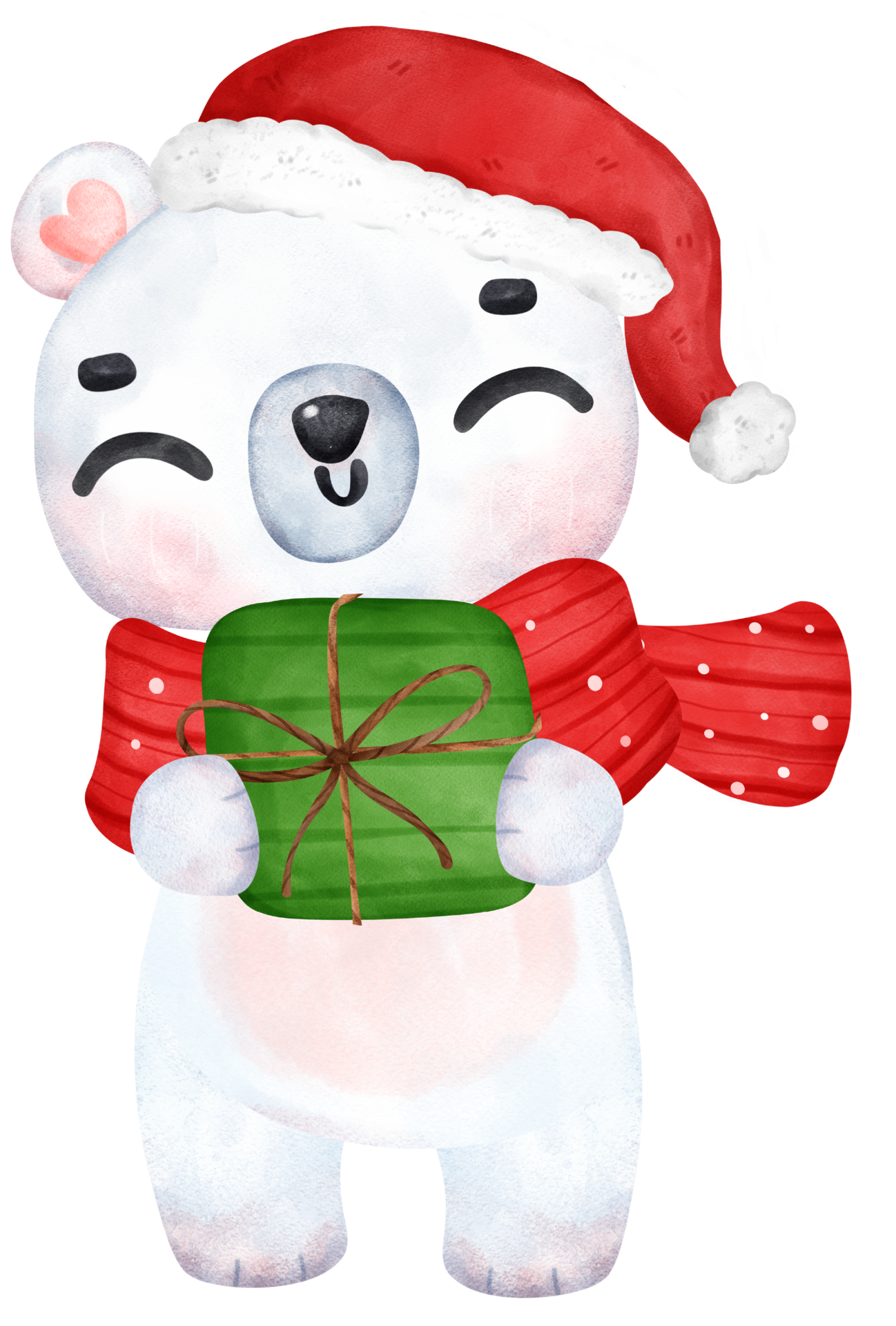 Cute Christmas Polar Bear In Elf Dress Cartoon Watercolor Illustration