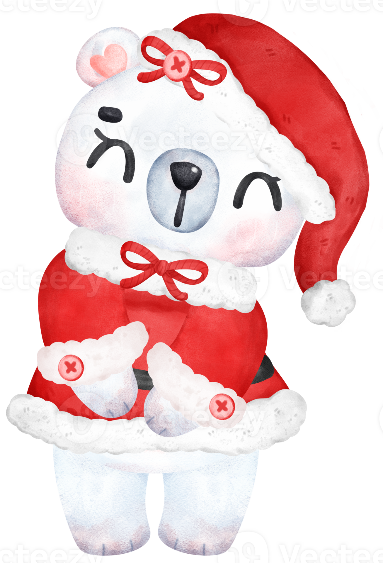 Cute Christmas Polar Bear In Santa Dress Cartoon Watercolor