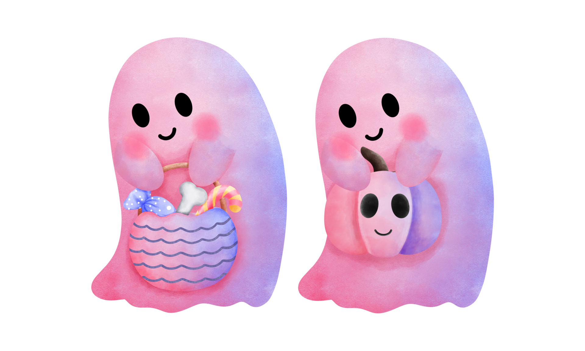 Watercolor pink baby ghosts with pumpkin and basket clipart.Halloween ...