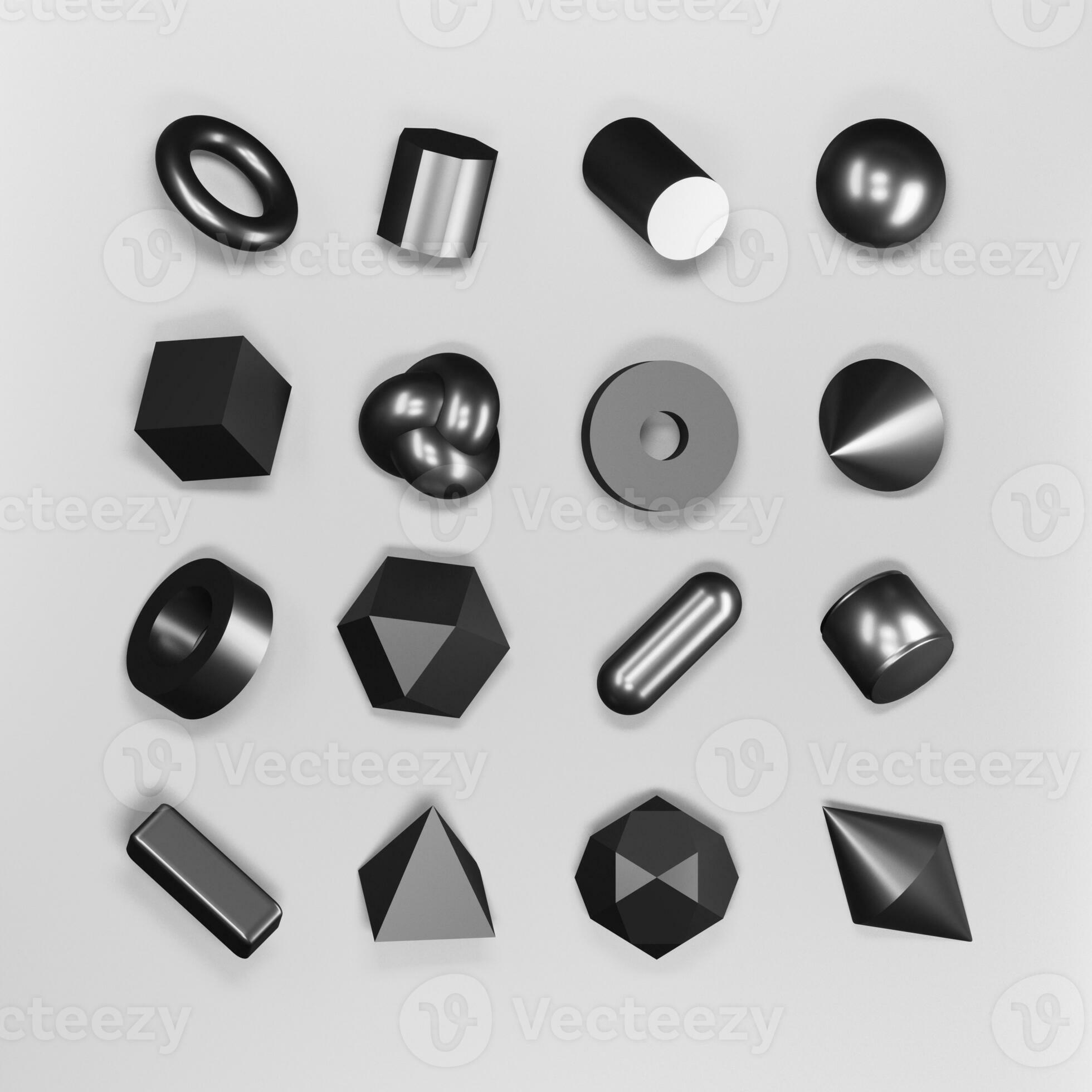 Set of 3d render realistic primitives on grey background. Levitation graphic elements. Chrome ...