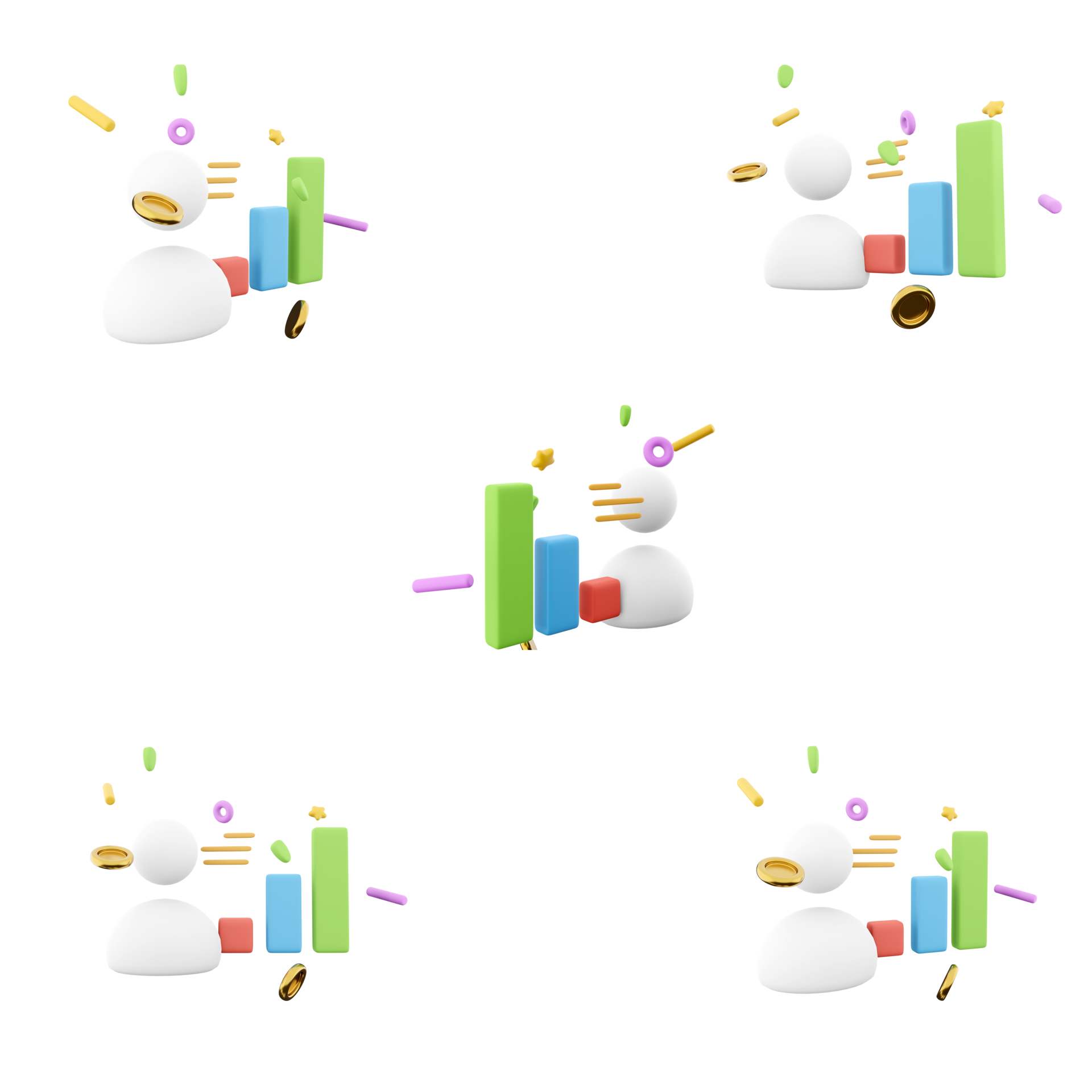 3d rendering user and increasing histogram with confetti icon set. 3d render chart bar grow up ...